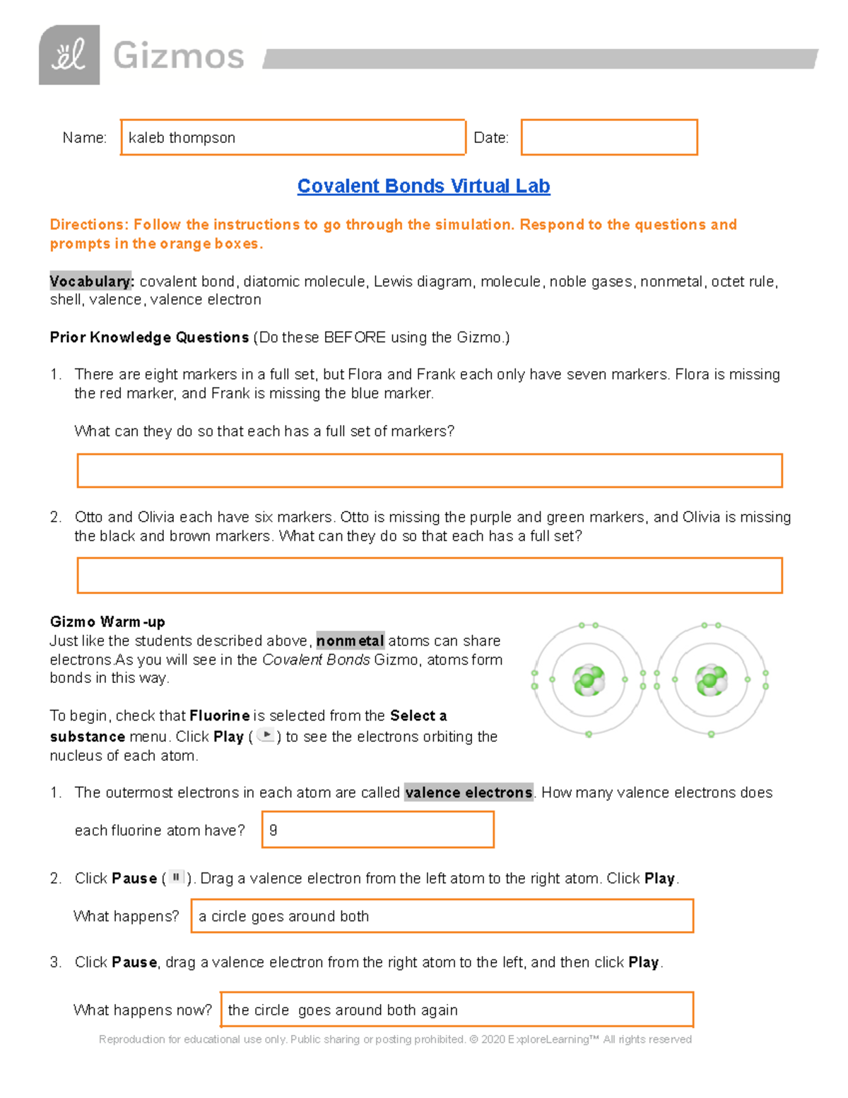 Copy of Covalent Bonds Virtual Lab - Name: kaleb thompson Date ...