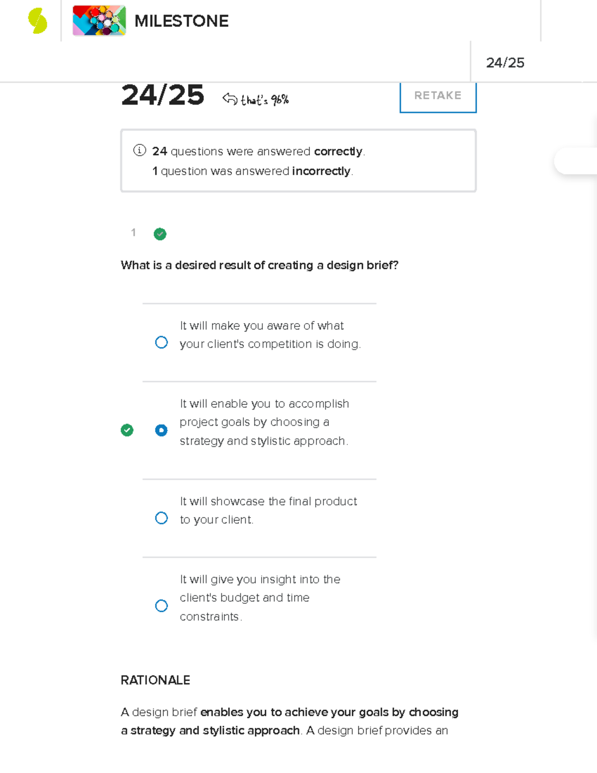 Final Milestone - Visual Communications 96% - 1 24 / 25 that's 96% ...