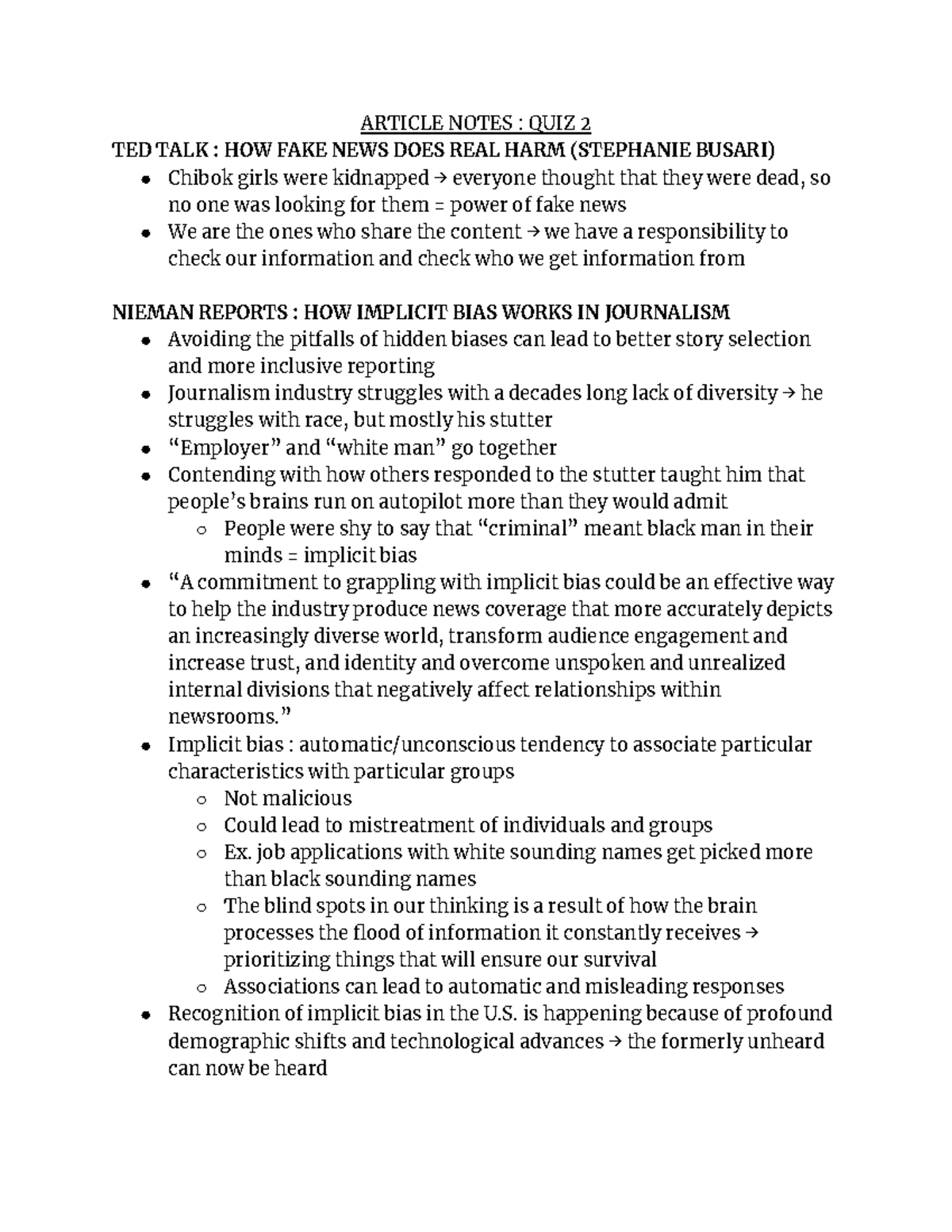 Journalism Article Notes FOR QUIZ 2 - ARTICLE NOTES : QUIZ 2 TED TALK ...