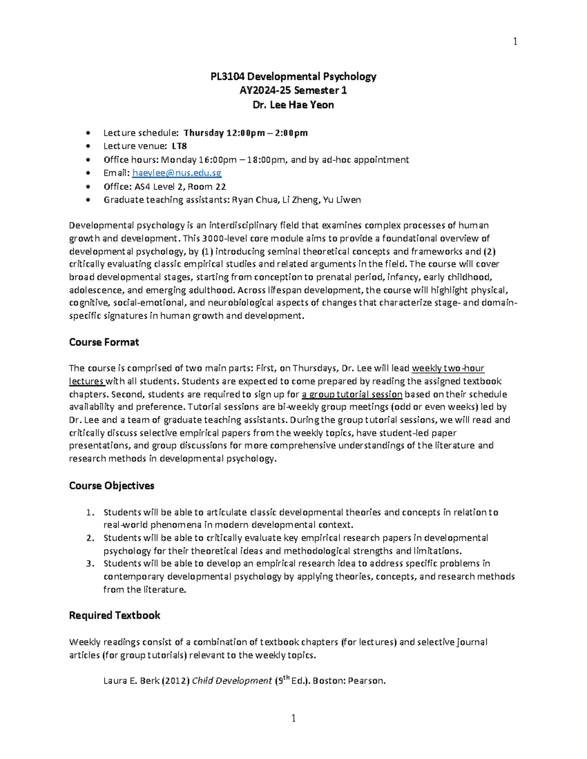 Syllabus PL3104 2024-25 Sem1 - PL3104 Developmental Psychology AY202 4 ...