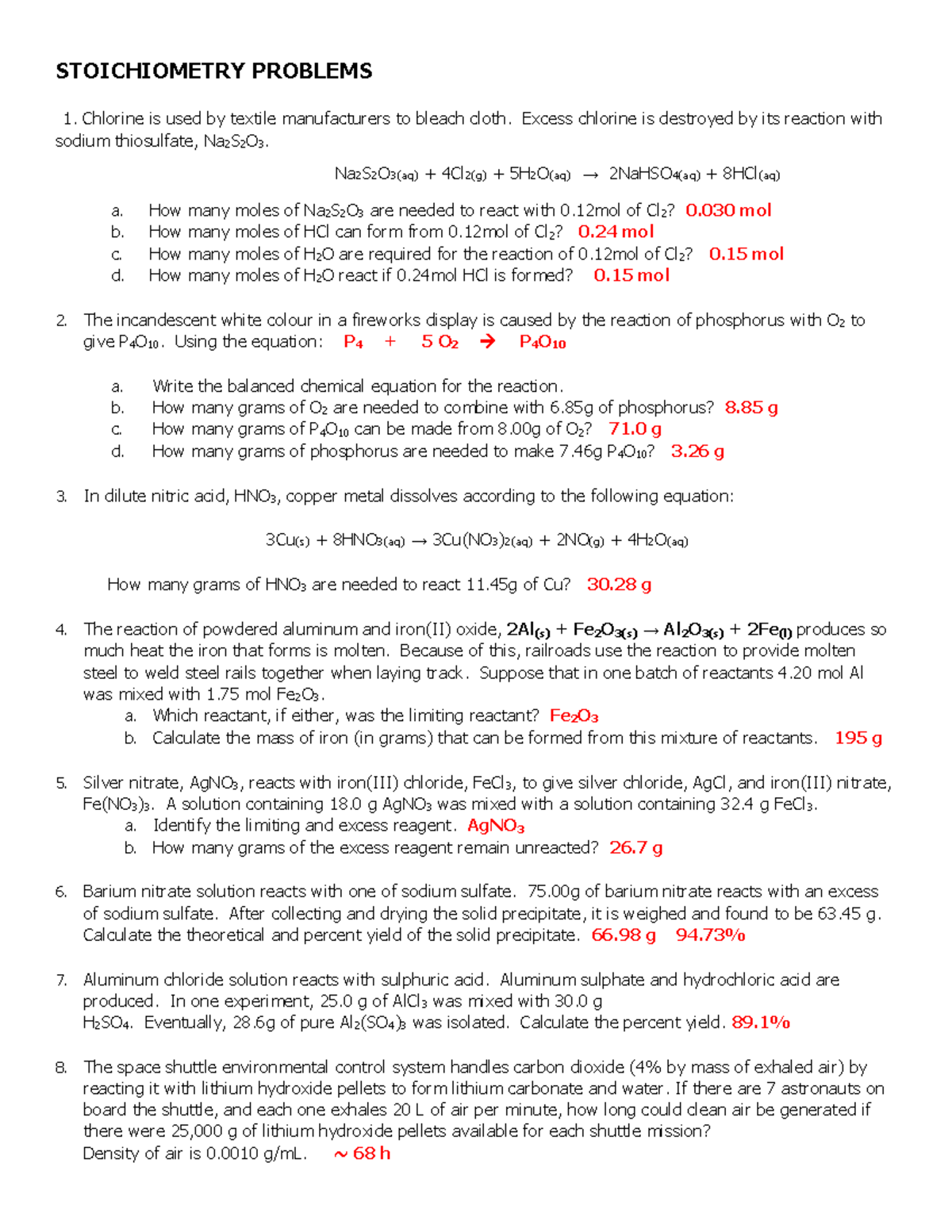 Stoichiometry Problems 1 with answers - STOICHIOMETRY PROBLEMS Chlorine is used by textile - Studocu