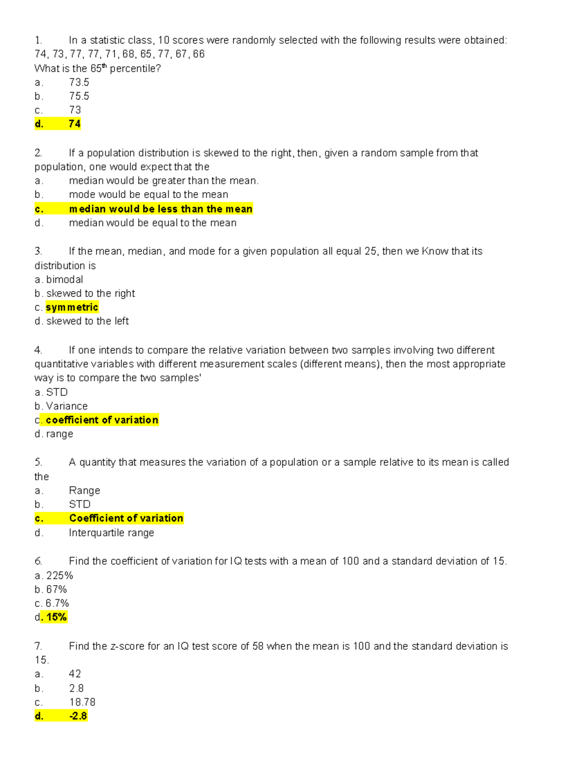 Ch3 practice - 1. In a statistic class, 10 scores were randomly ...