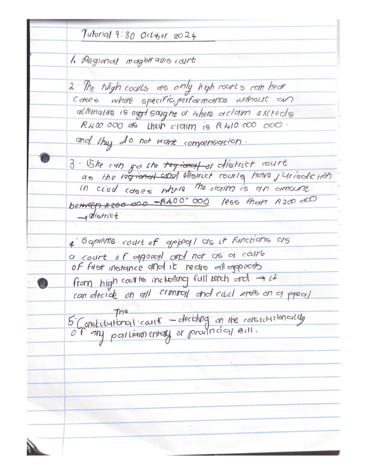 Tutorial 9 Answers - Tutorial 9:30 Octof 2024 1. Regional magistt ales court 2 The High courts ...