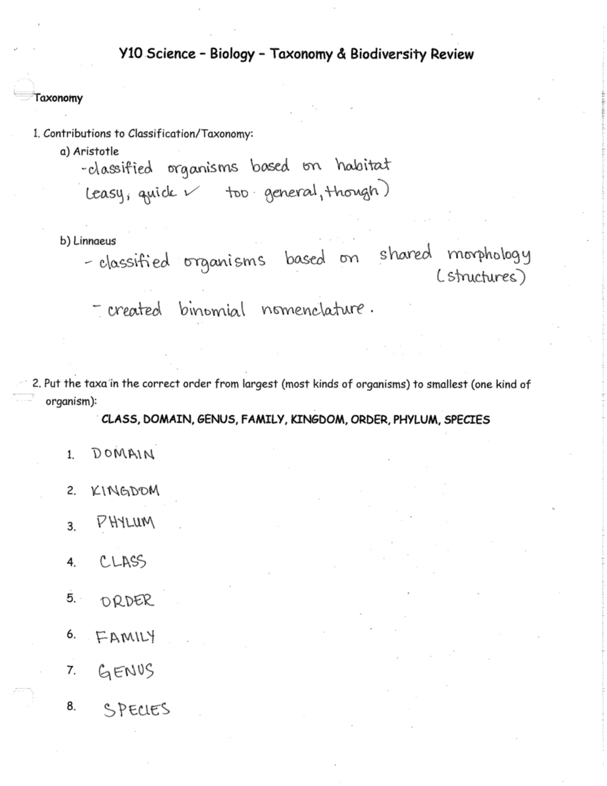 Taxonomy and Biodiversity Review Answers - Studocu