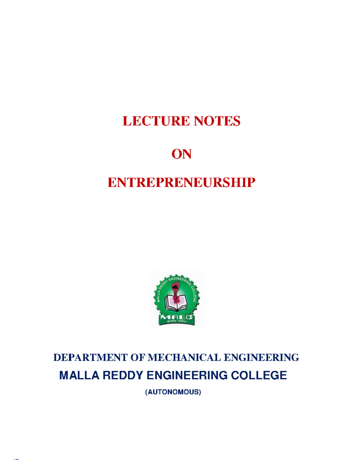 Enterpe - LECTURE NOTES ON ENTREPRENEURSHIP DEPARTMENT OF MECHANICAL ...
