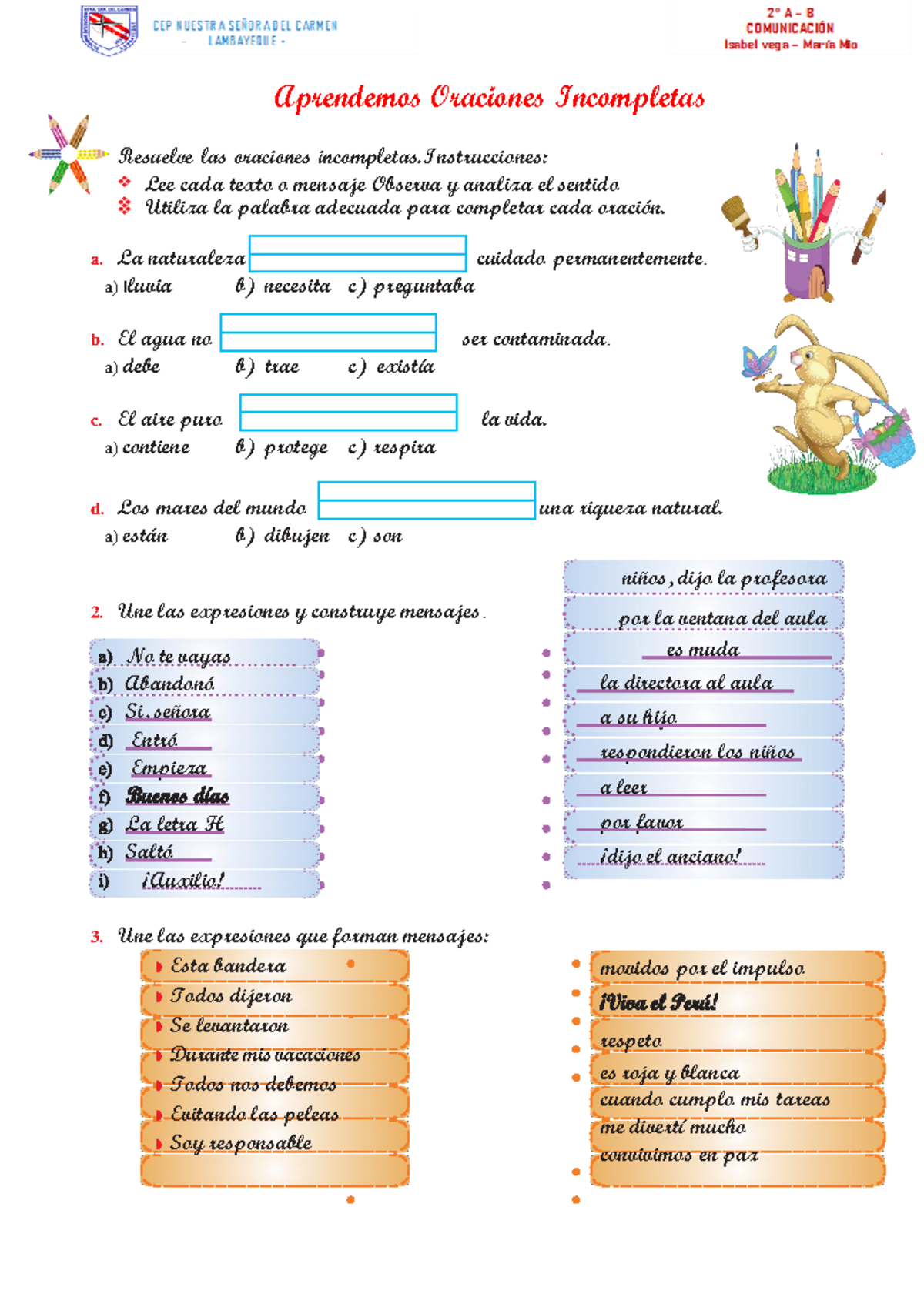 Aprendemos Oraciones Incompletas-2 - Resuelve las oraciones incompletas ...
