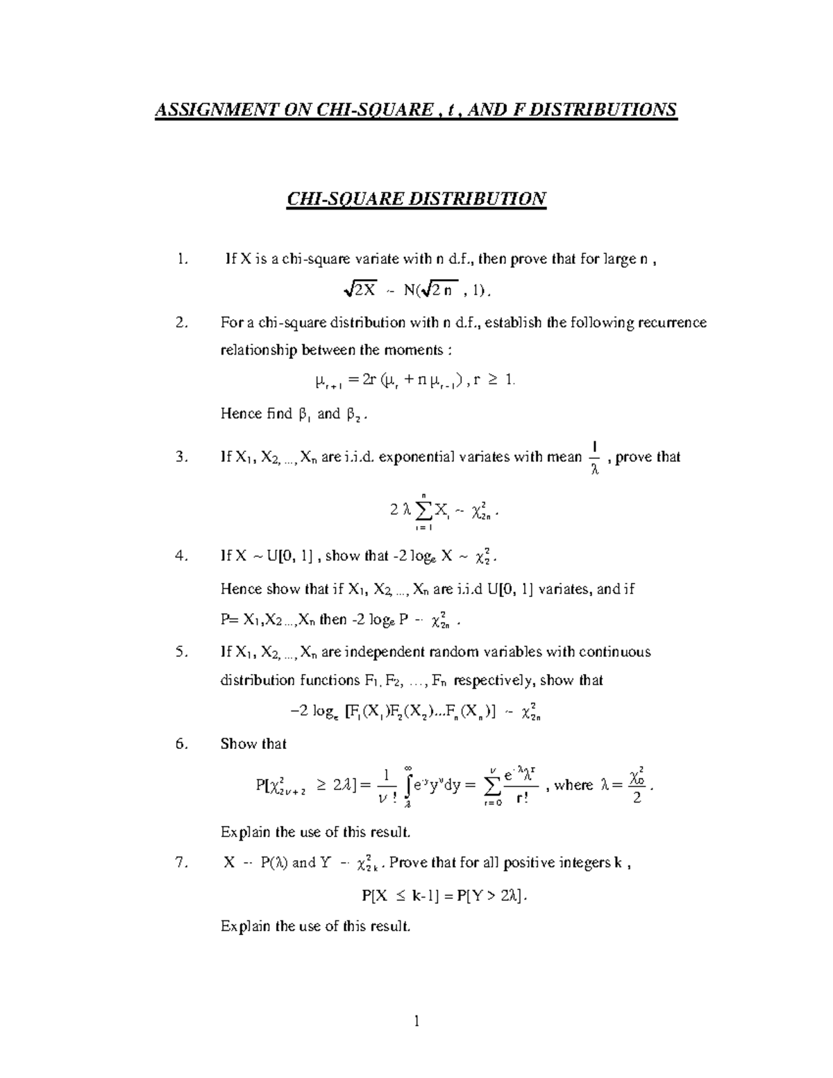 Assignment ON CHI Square, t, AND F- Distributions - 1 ASSIGNMENT ON CHI-SQUARE , t , AND F - Studocu