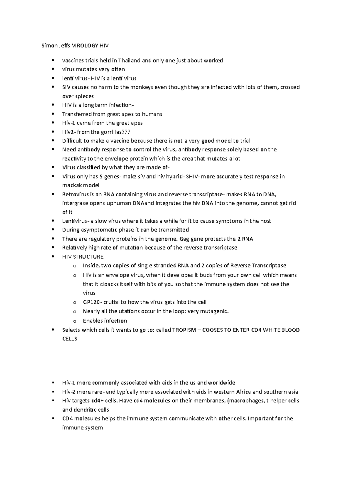 HIV Notes - summaries of lectures 1-2 - Simon Jeffs VIROLOGY HIV ...