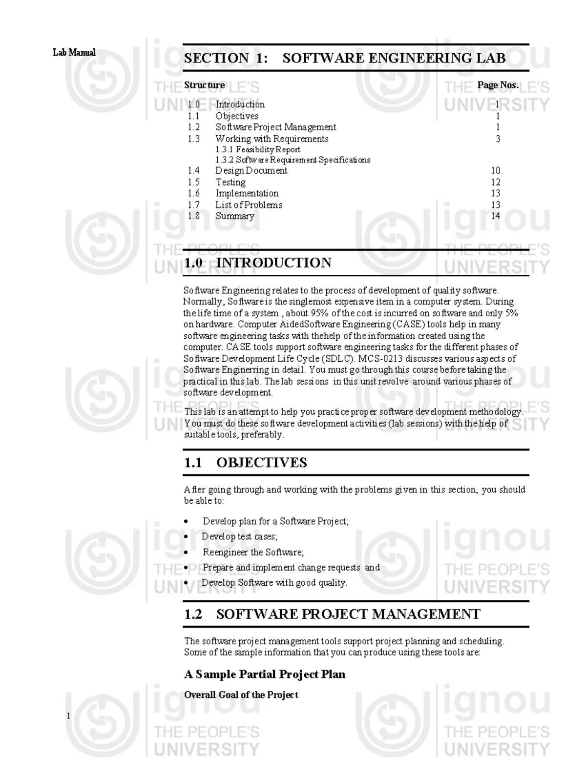 MCSL-217 - Lab Manual SECTION 1: SOFTWARE ENGINEERING LAB Structure Page Nos. 1 Introduction 1 1 ...