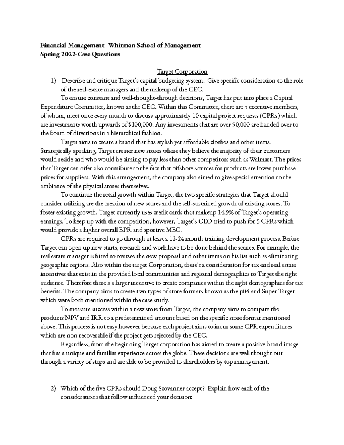 Target case study - Financial Management- Whitman School of Management ...