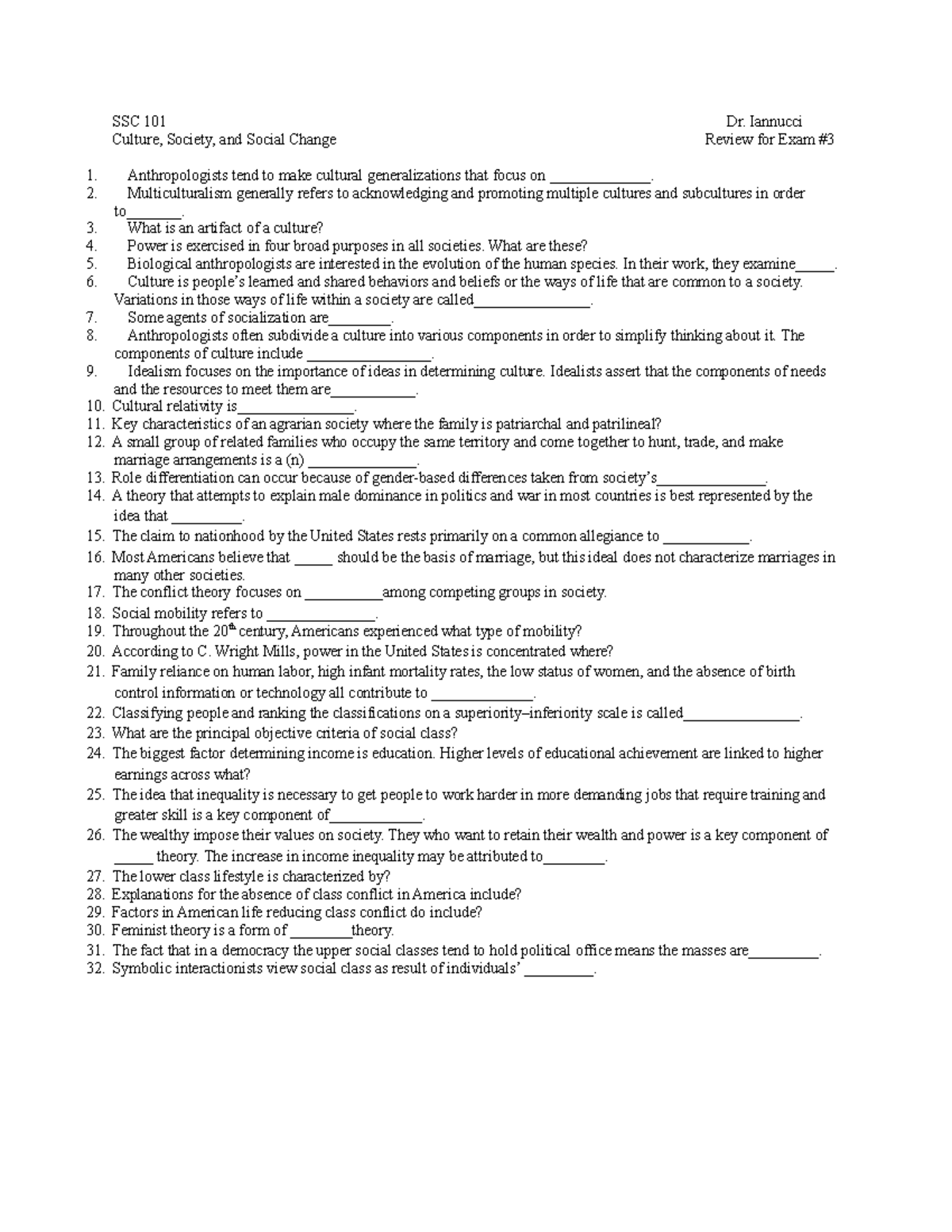 SSC 101 - Review for Exam #3 - SSC 101 Dr. Iannucci Culture, Society ...
