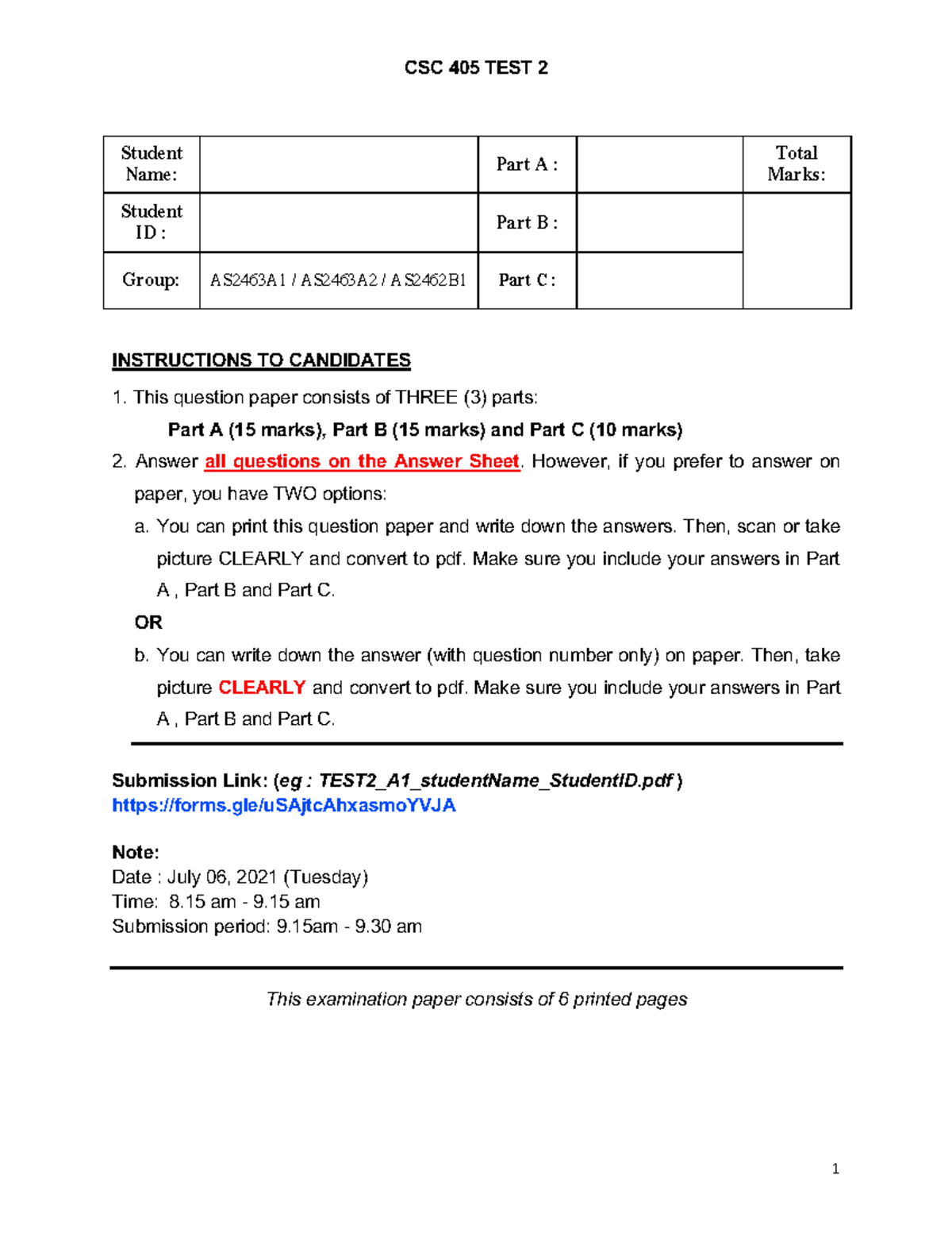 CSC 405 TEST 2 Q UESTIONS 2021 TEST 2 - Student Name: Part A : Total ...