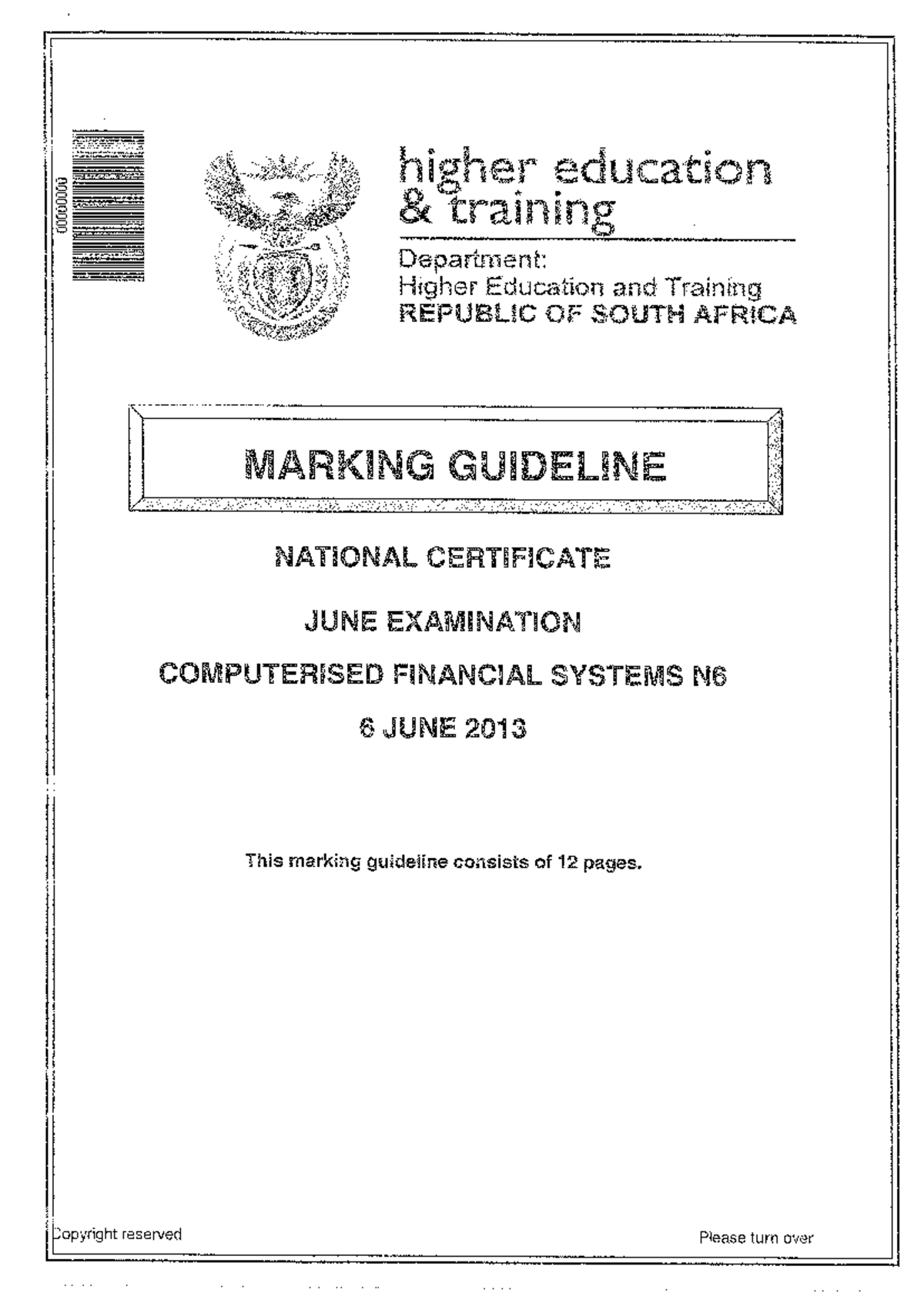 N6 Computerised Financial System June 2013 Marking Guideline - 4010216 ...