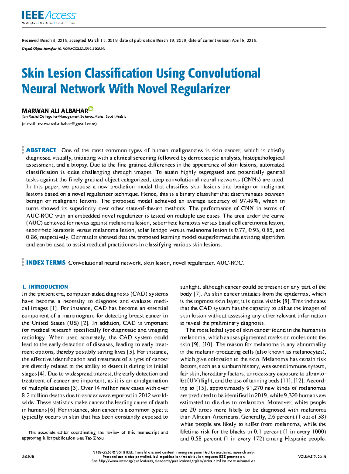 Skin Lesion Classification Using Convolutional Neural Network With Novel Regularizer - Received ...