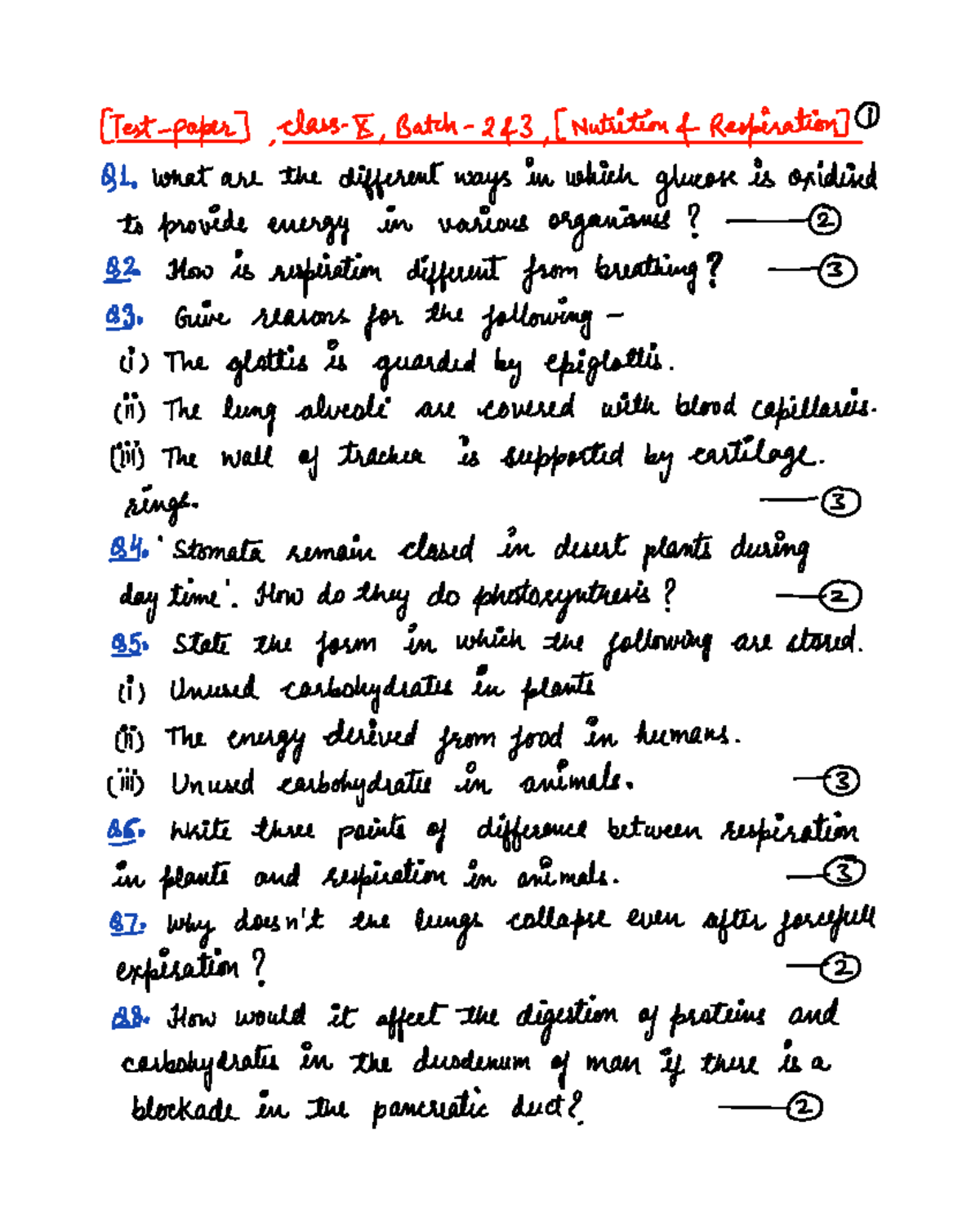 Test paper,class -10 - Test paper class Batch 243 Nutrition Respiration ...