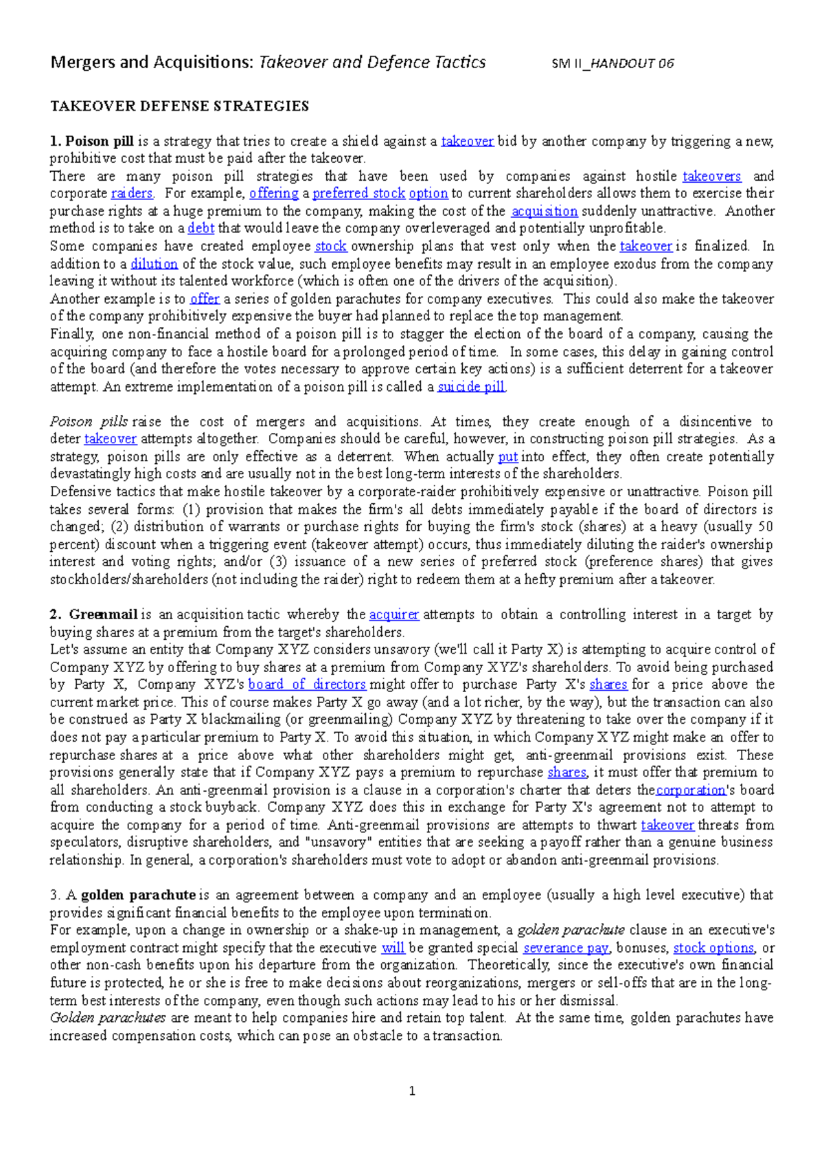 SM II- Handout 06-Takeover and Defence Tactics - TAKEOVER DEFENSE ...