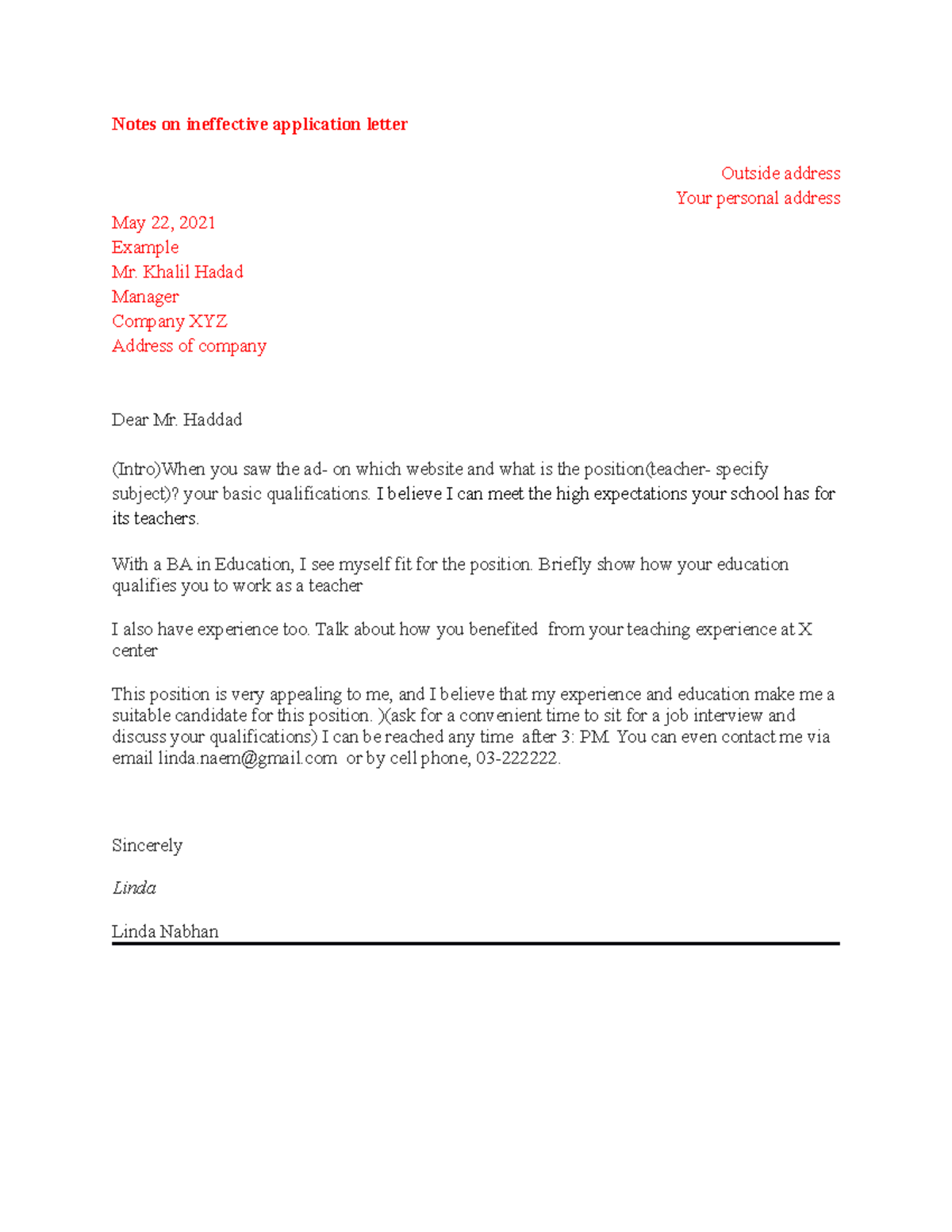 Ineffective application letter - Notes on ineffective application ...