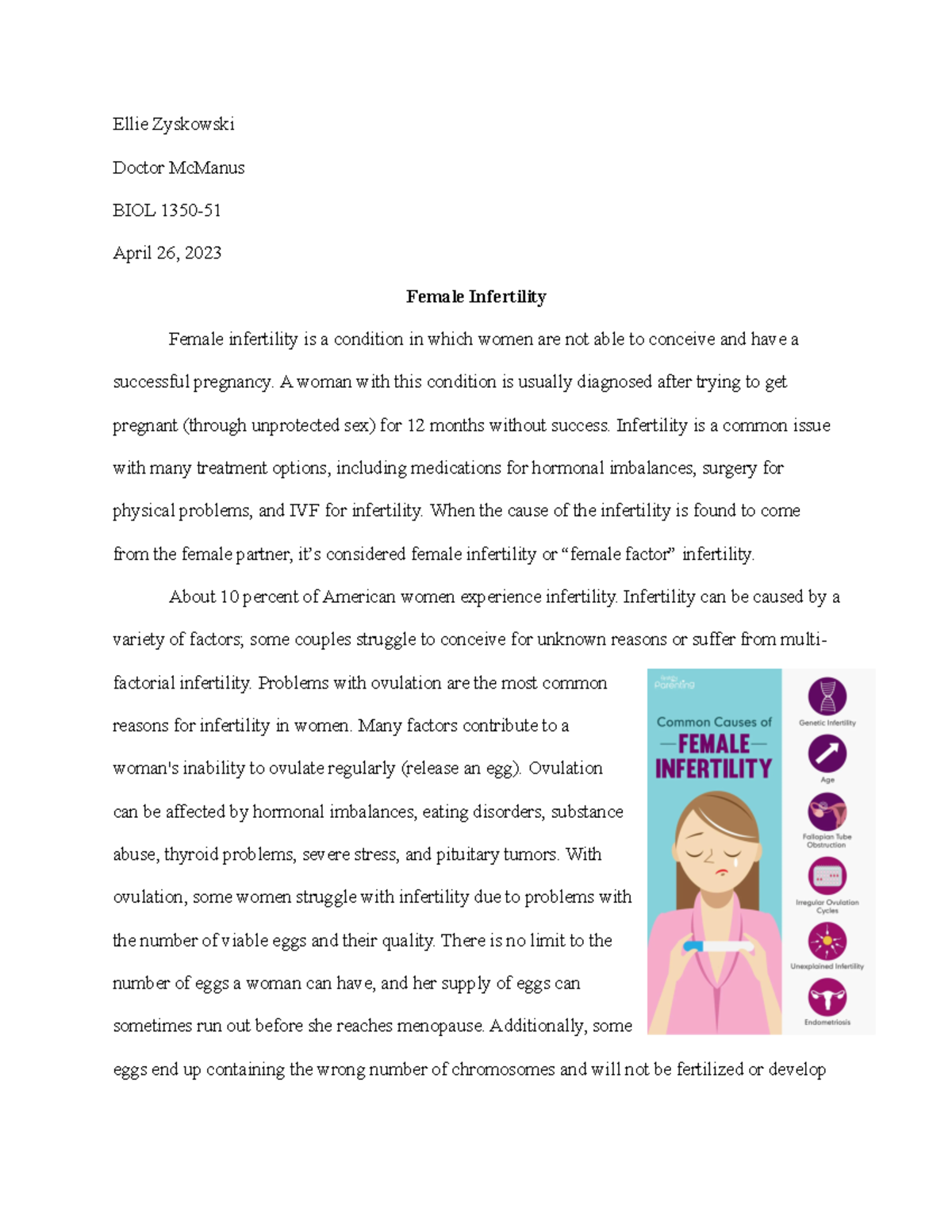 Female Infertility Paper - Ellie Zyskowski Doctor McManus BIOL 1350 ...