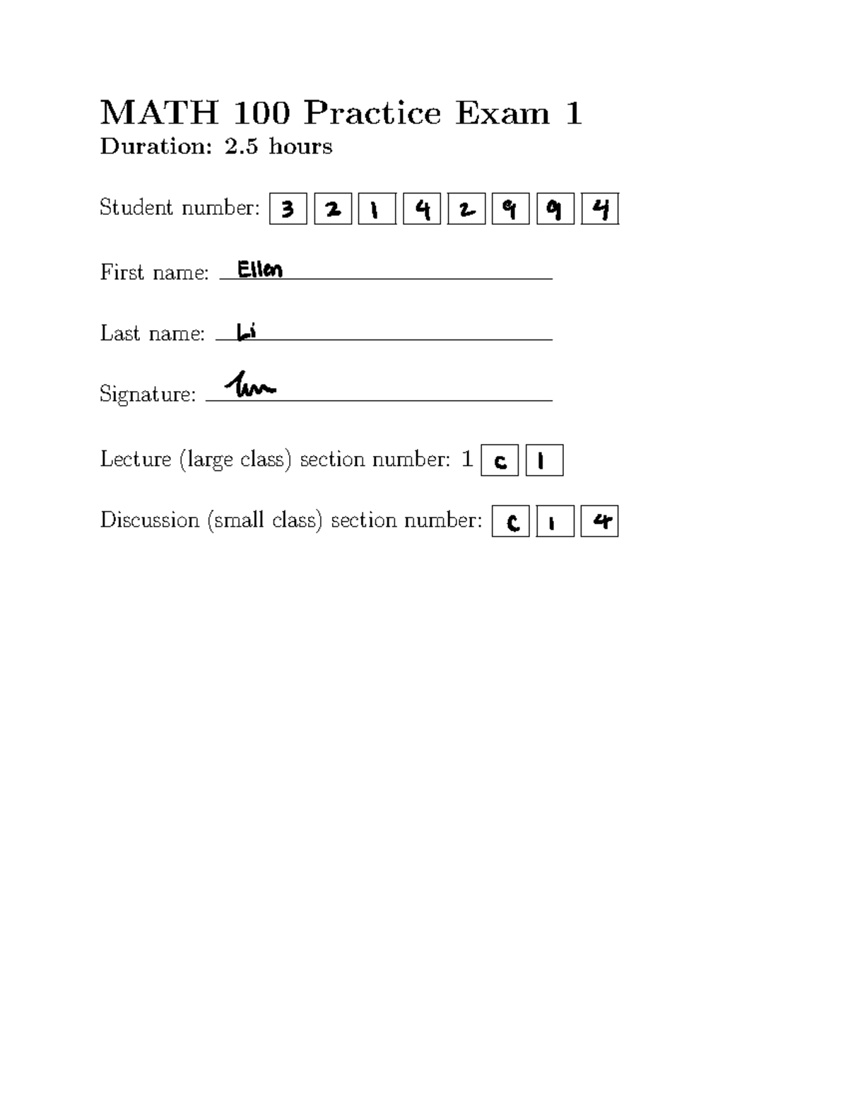 PRactice exam one - MATH 100 Practice Exam 1 Duration: 2 hours Student ...