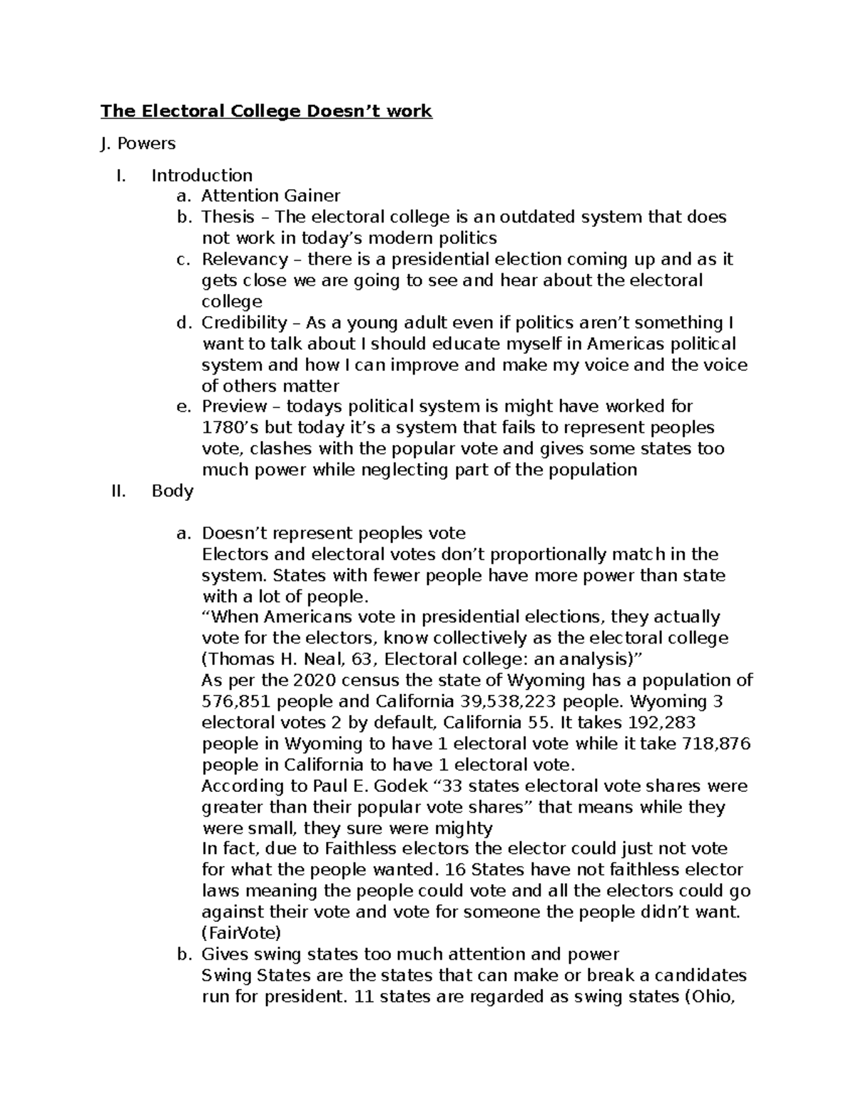 Argument Paper Outline - The Electoral College Doesn’t work J. Powers I ...