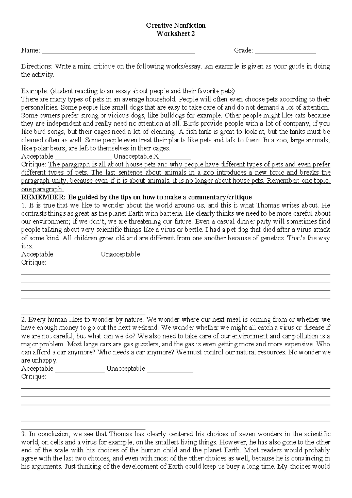 Week 2 Worksheet for the subject Creative Nonfiction for Grade 12 HUMSS ...