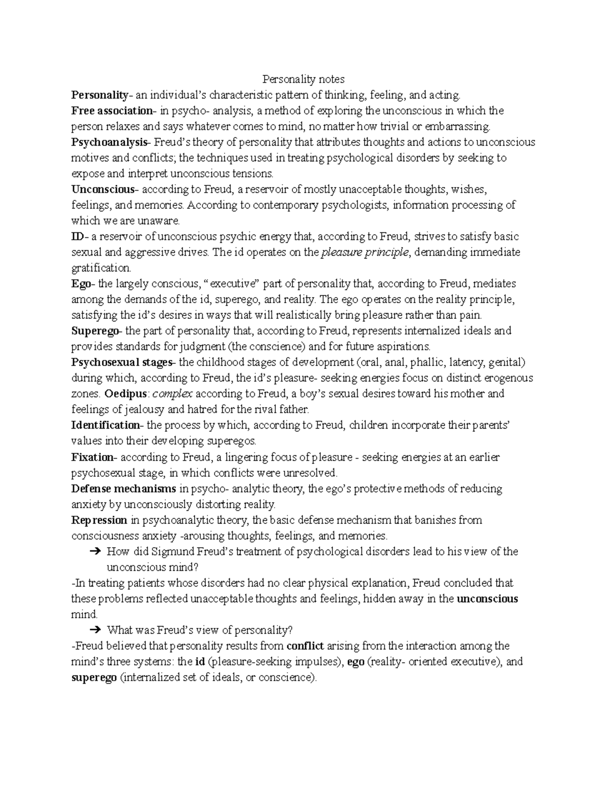 Personality of psychology notes - Personality notes Personality- an ...