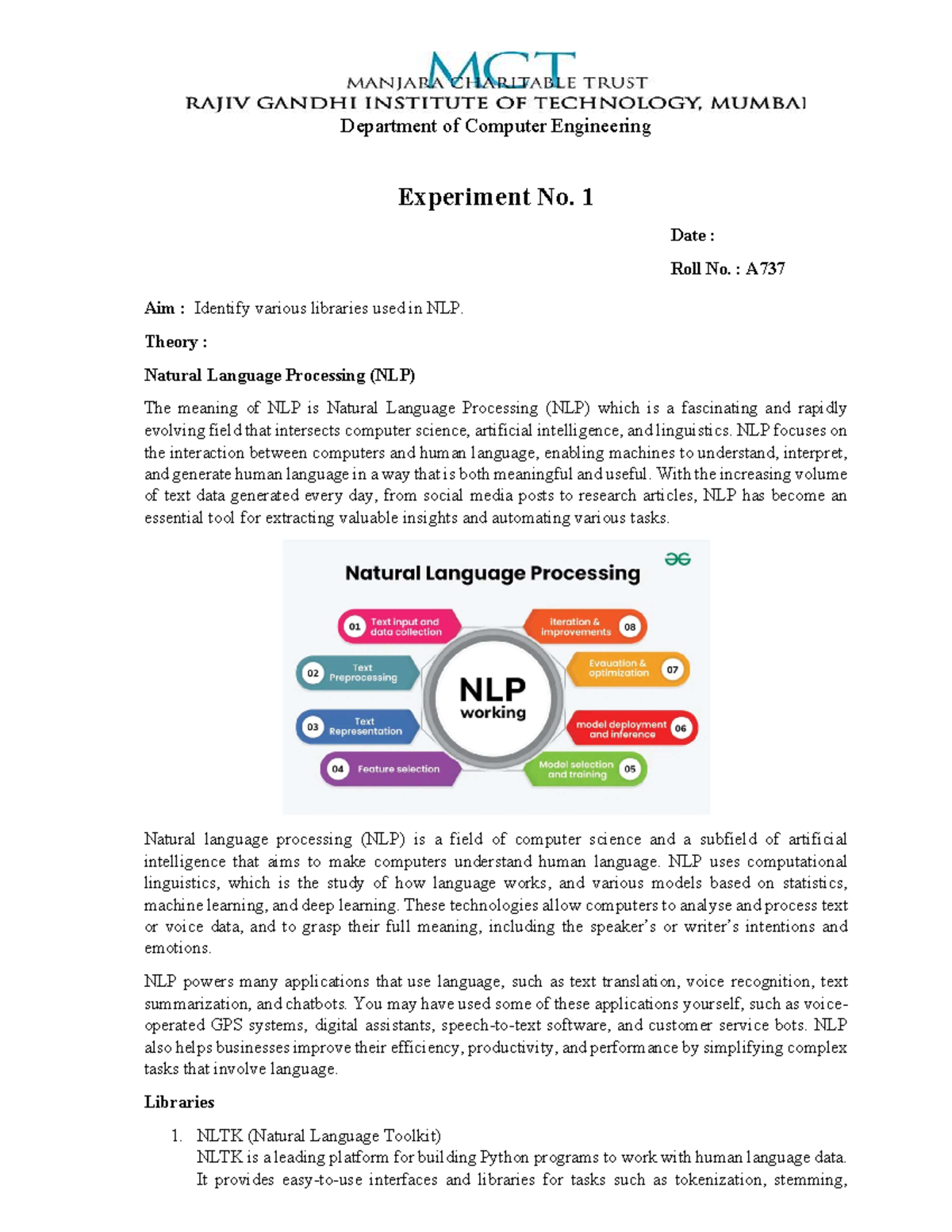 Exp1 - NLP Exp1 - Department of Computer Engineering Experiment No. 1 Date : Roll No. : A Aim ...