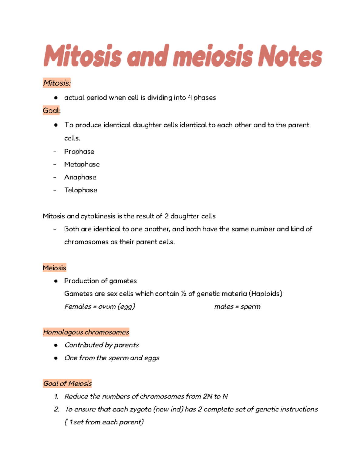 Mitosis and meiosis Notes - Mitosis: actual period when ce is dividing ...