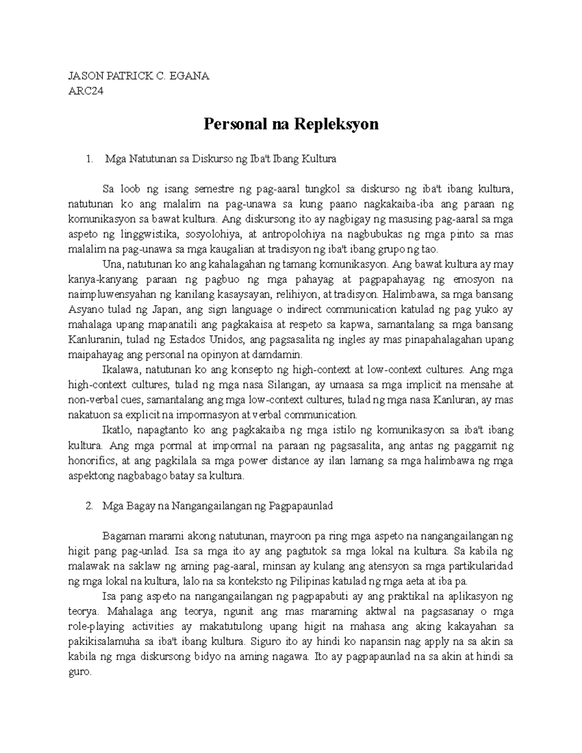 Repleksyon Egana - none - JASON PATRICK C. EGANA ARC Personal na ...