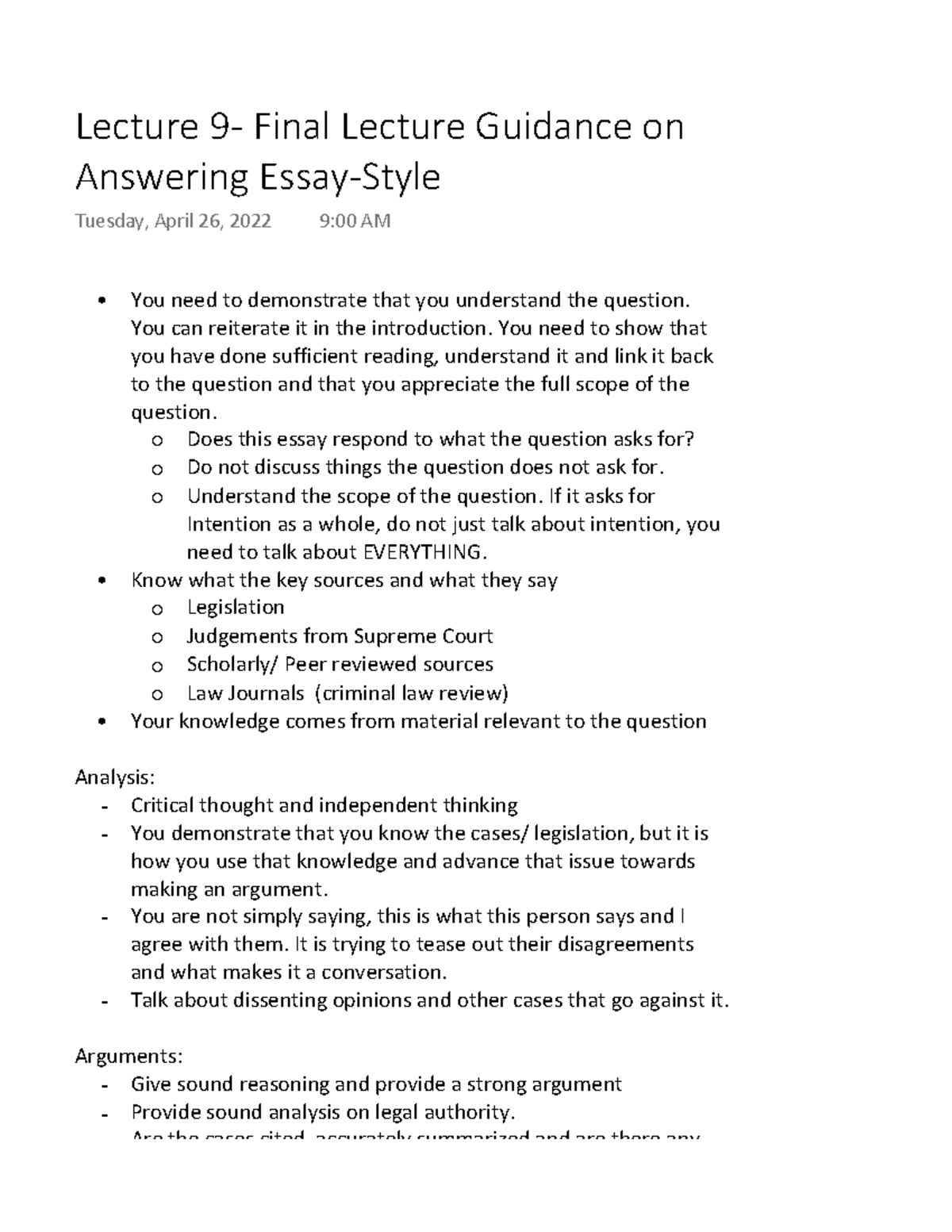 Lecture 9- Final Lecture Guidance on Answering Essay-Style - You need ...