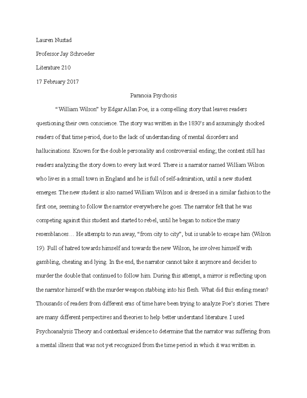 Paranoia Psychosis - Short story - Lauren Nustad Professor Jay ...
