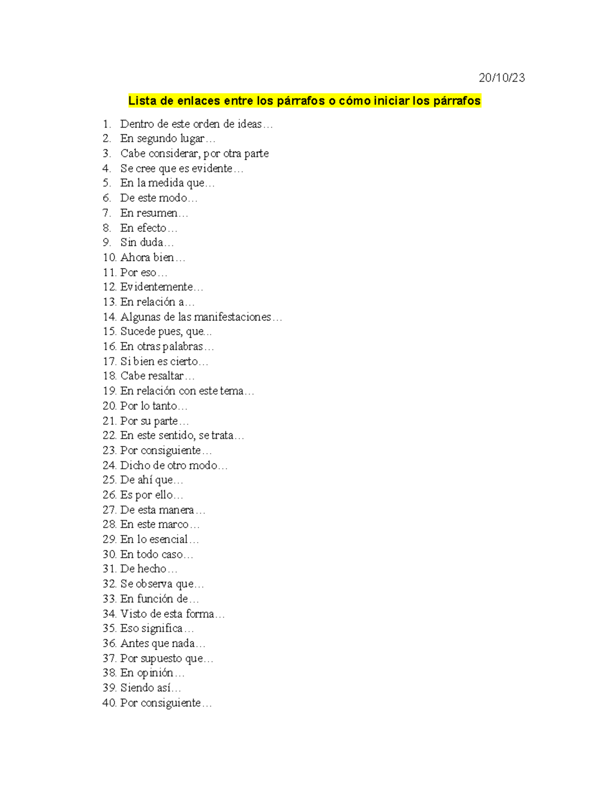 Lista de enlaces entre los párrafos o cómo iniciar los párrafos - 20/10 ...