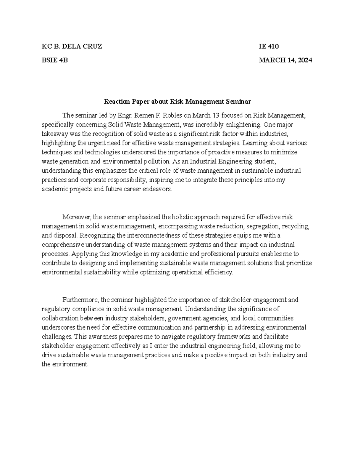 Reflection - KC B. DELA CRUZ IE 410 BSIE 4B MARCH 14, 2024 Reaction ...