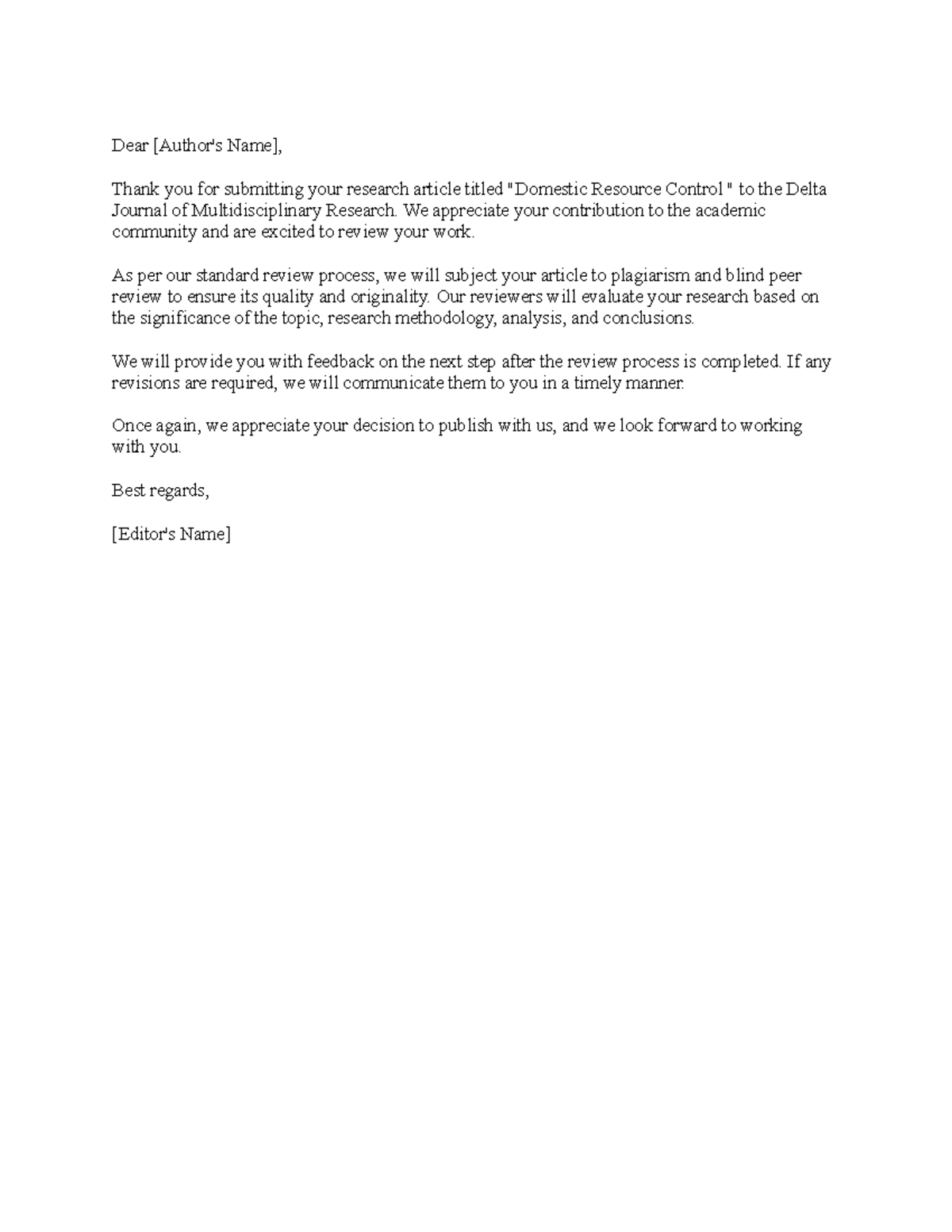 Domestic Resource Control - Dear [Author's Name], Thank you for ...