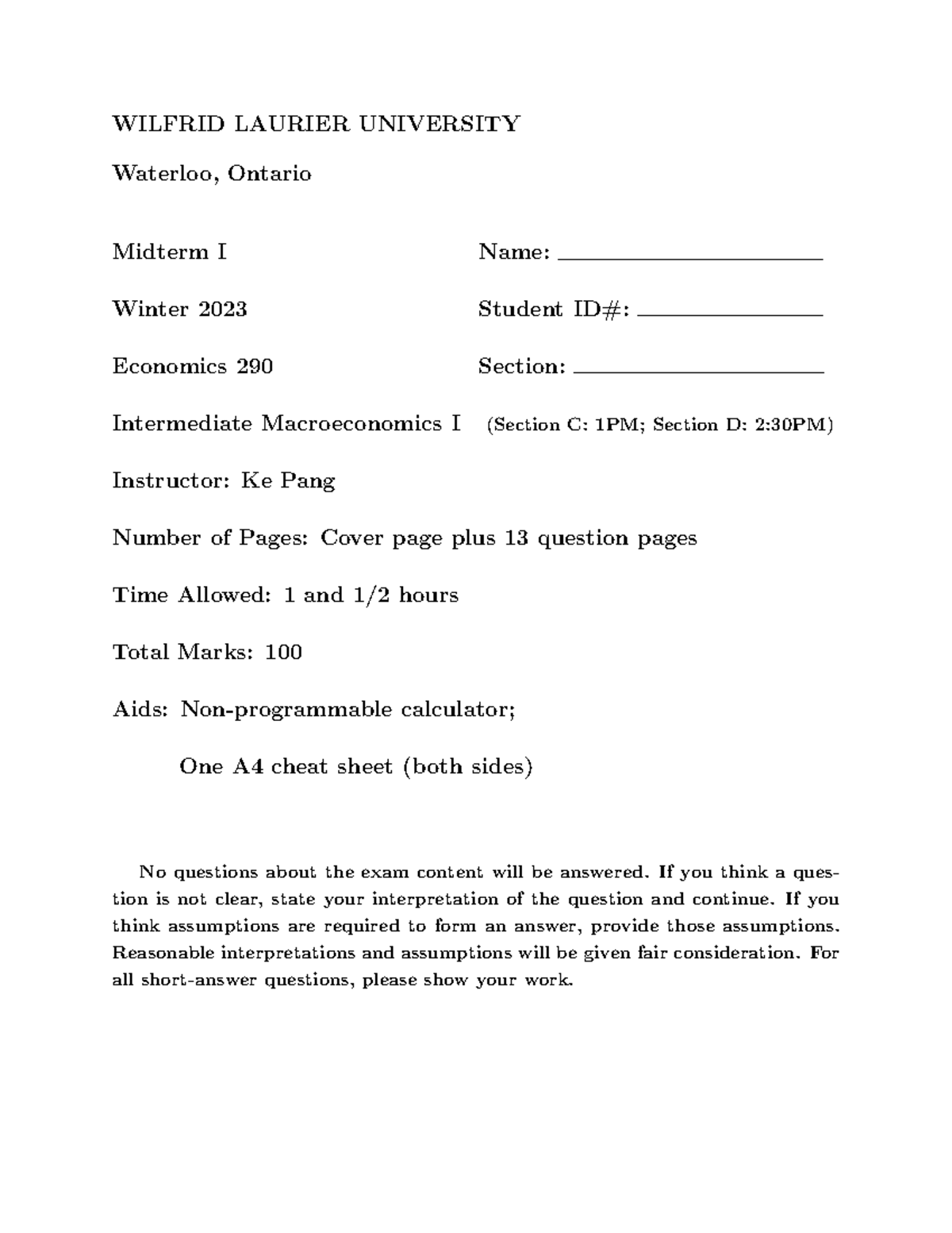EC290 Sample Midterm 1 - WILFRID LAURIER UNIVERSITY Waterloo, Ontario Midterm I Name: Winter ...