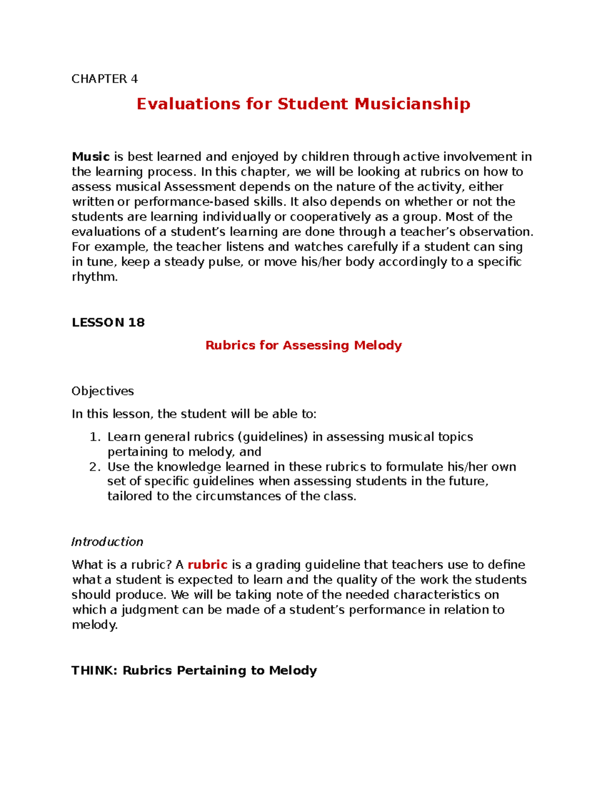 Lesson 18 Rubrics for Assessing Melody - CHAPTER 4 Evaluations for ...