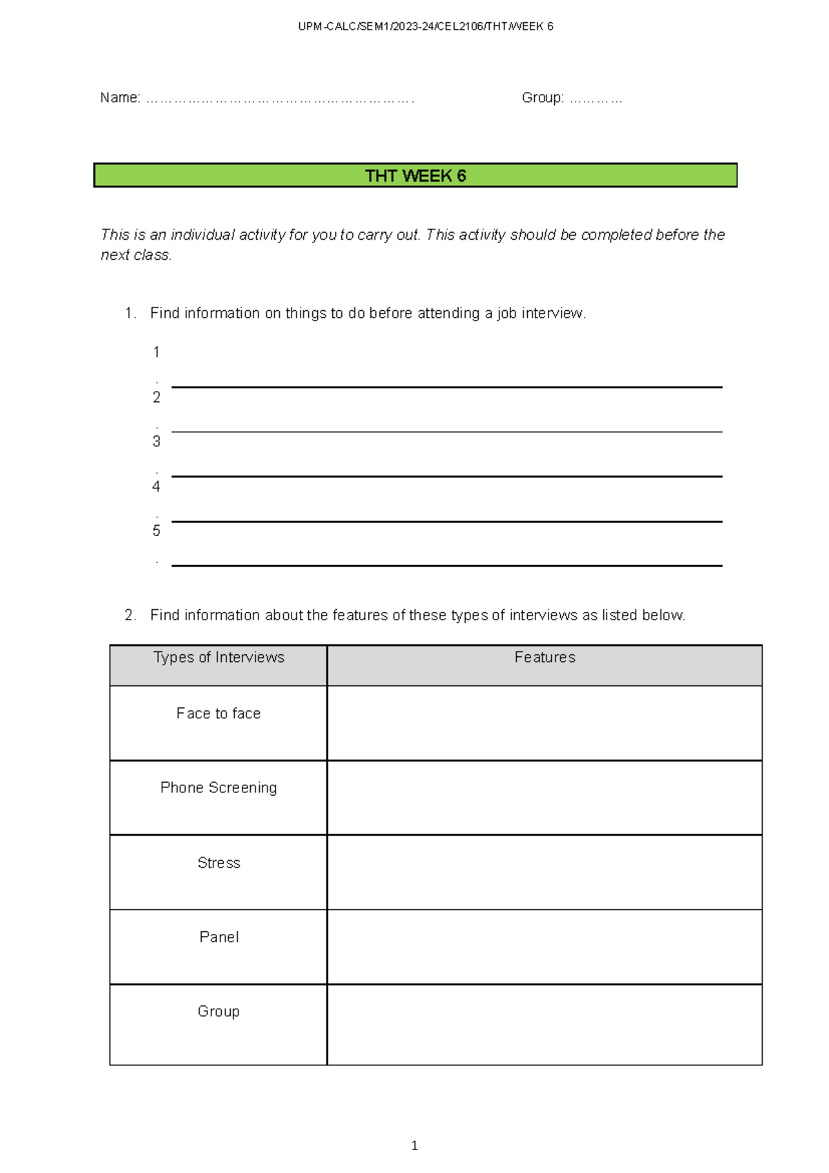 CEL2106 THT WEEK 6 - exercise - UPM-CALC/SEM1/2023-24/CEL2106/THT/WEEK 6 Name: - Studocu