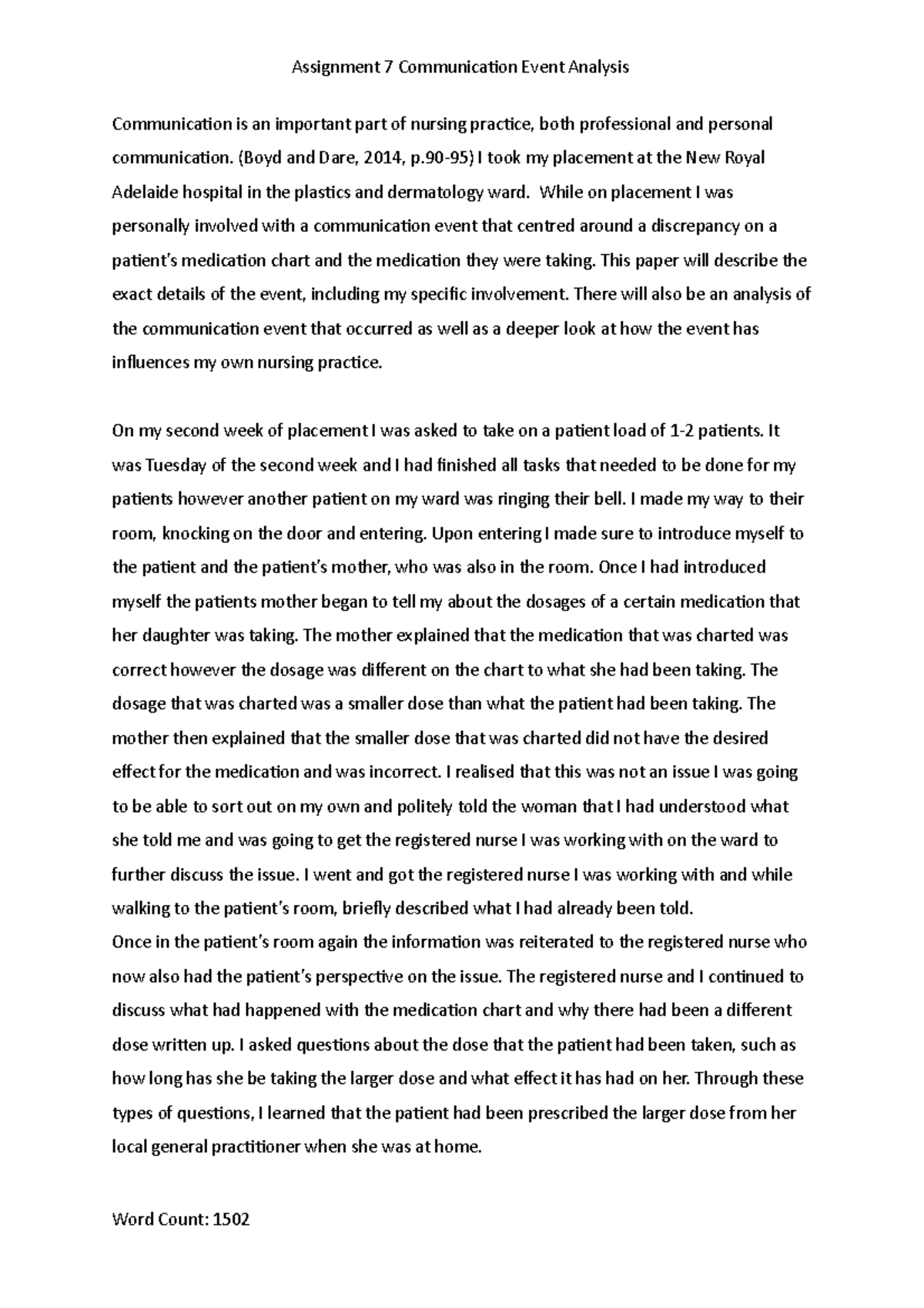 Assignment 7 NURS2002 - Written analysis of a communication event while ...