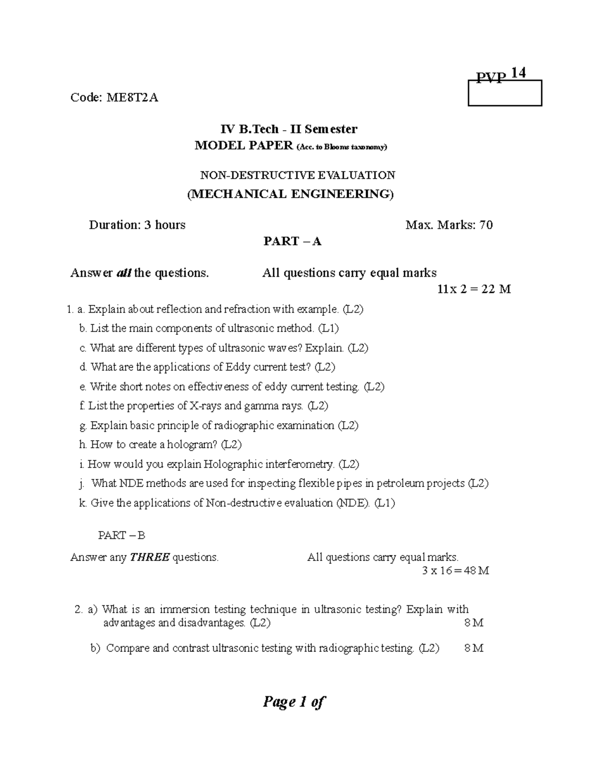 NDE PVP14 Model paper - WRITE ANSWERS TO ALL THE GIVEN QUESTIONS - Code ...