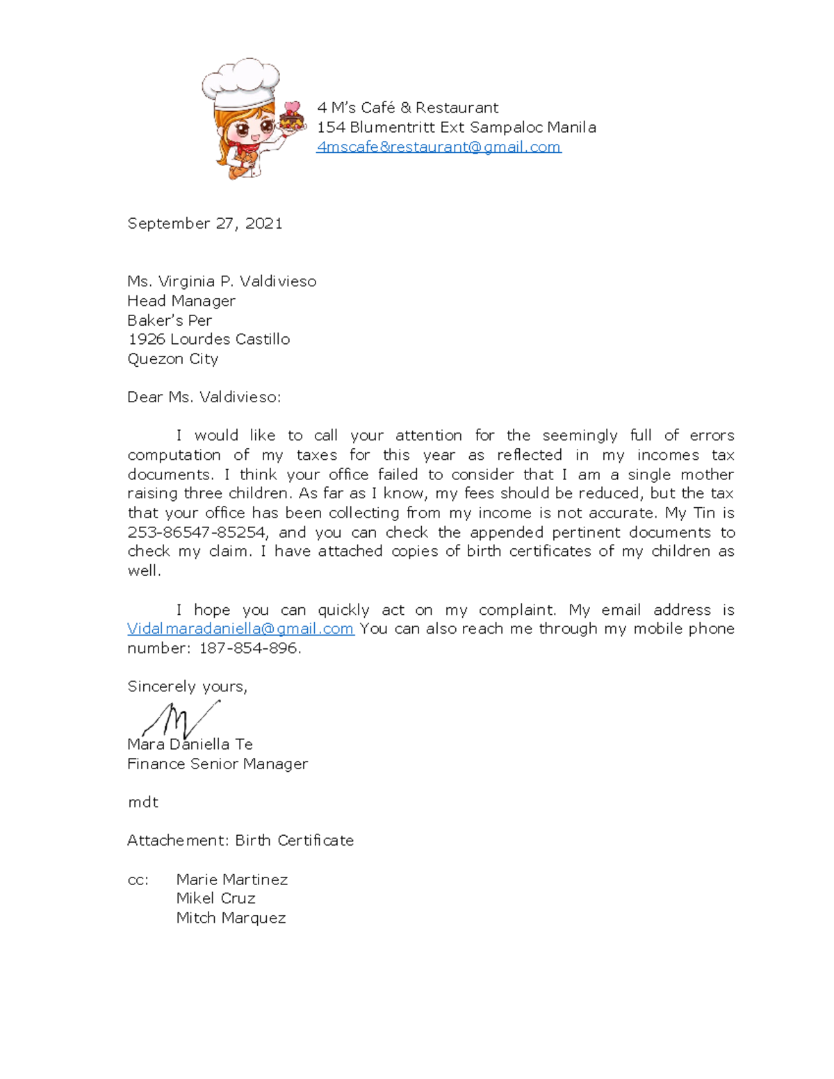 Performance TASK - Buseiness Letter - BS Style - 4 M’s Café ...