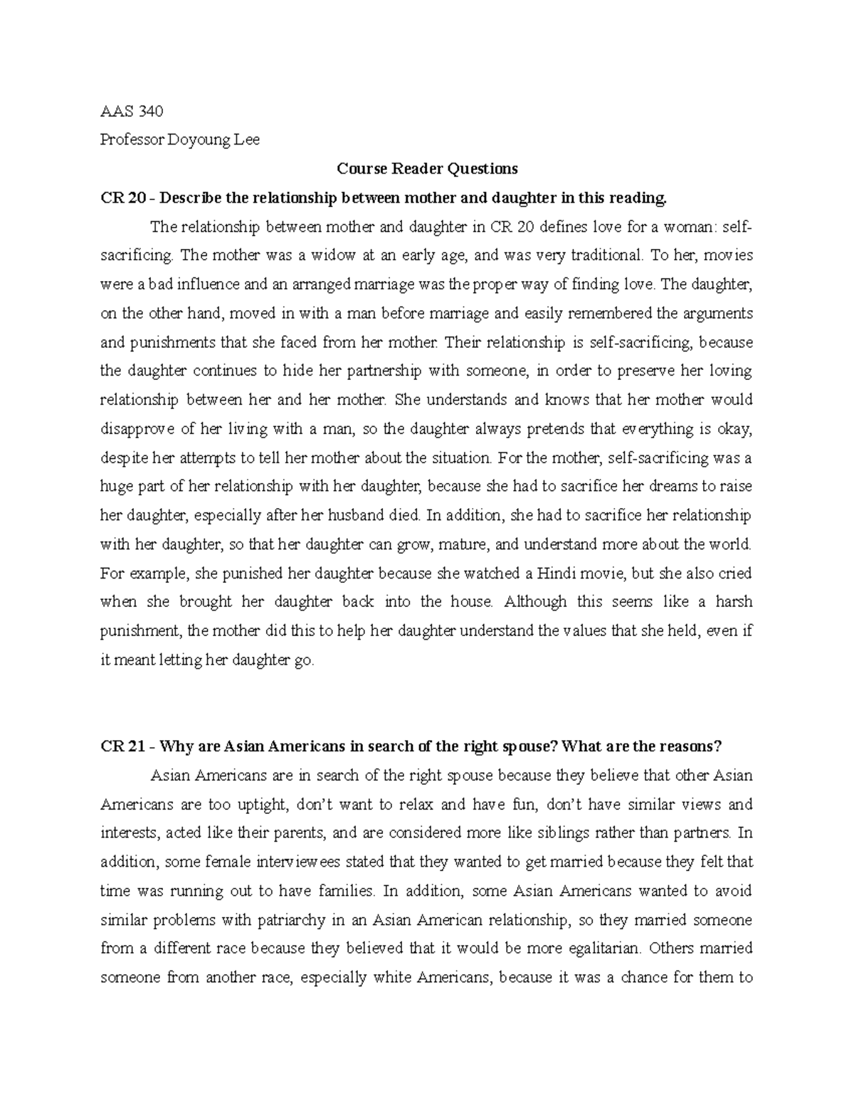 Course Reader Questions CR20 CR21 CR23 - AAS 340 Professor Doyoung Lee ...