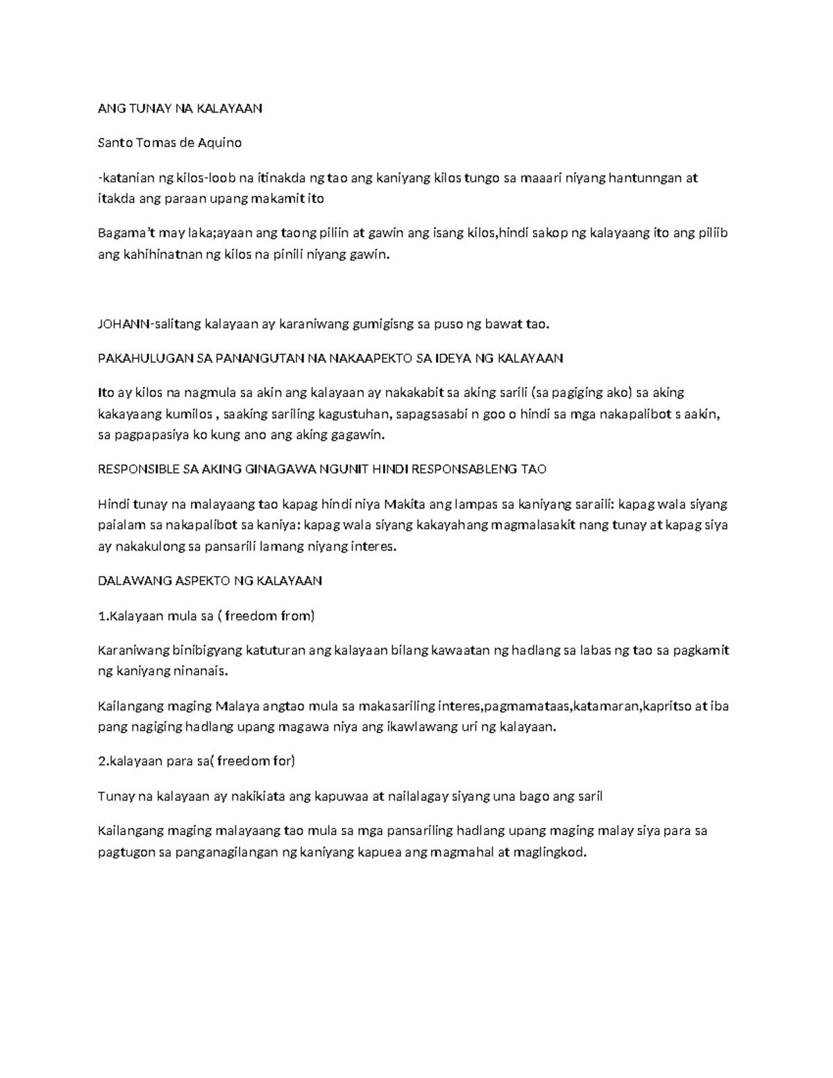 ANG Tunay NA Kalayaan-ESP 10 - ANG TUNAY NA KALAYAAN Santo Tomas de ...