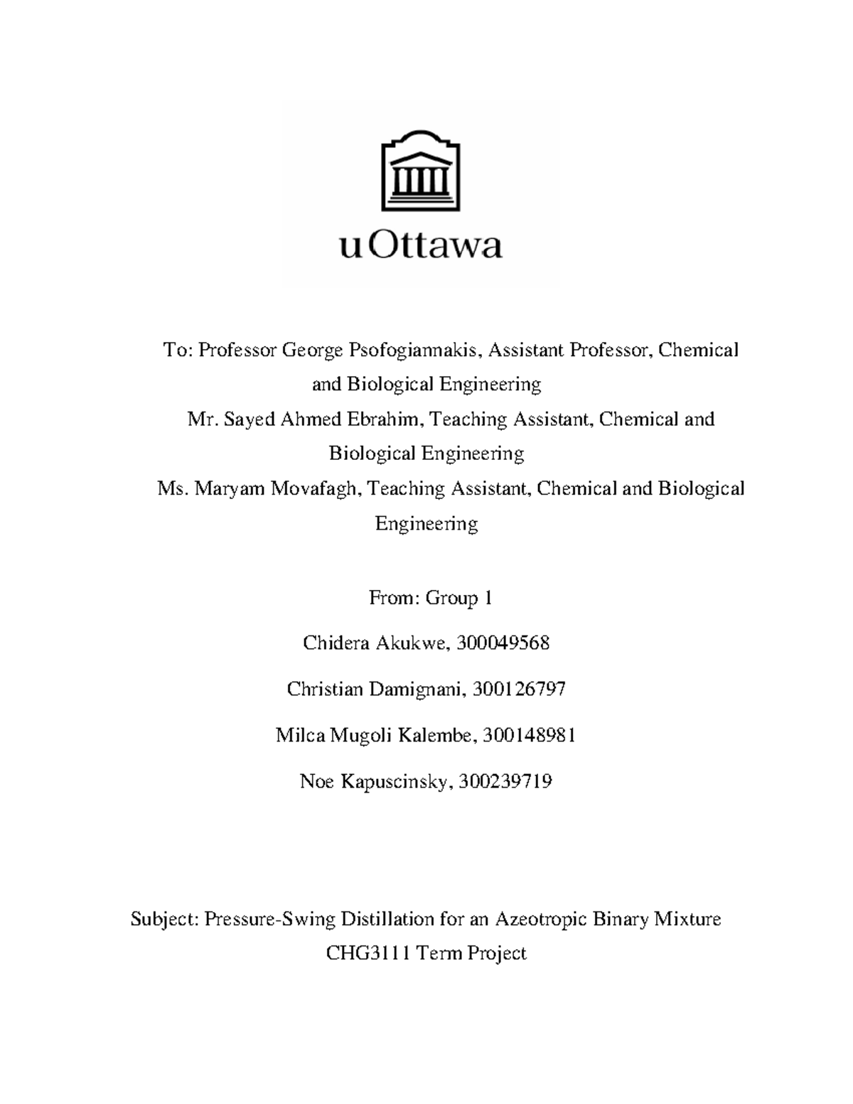 CHG3111 Project ( Correct) - To: Professor George Psofogiannakis ...