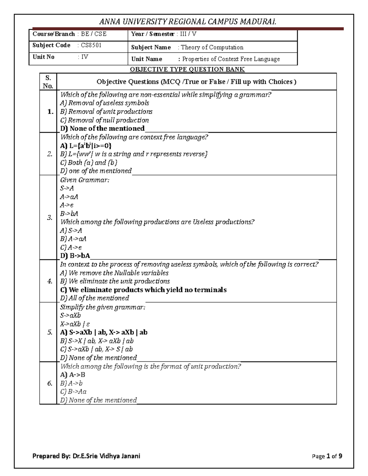 Toc Unit Iv Lecture Notes 4 Coursebranch Be Cse Year Semester Iii V Subject Code