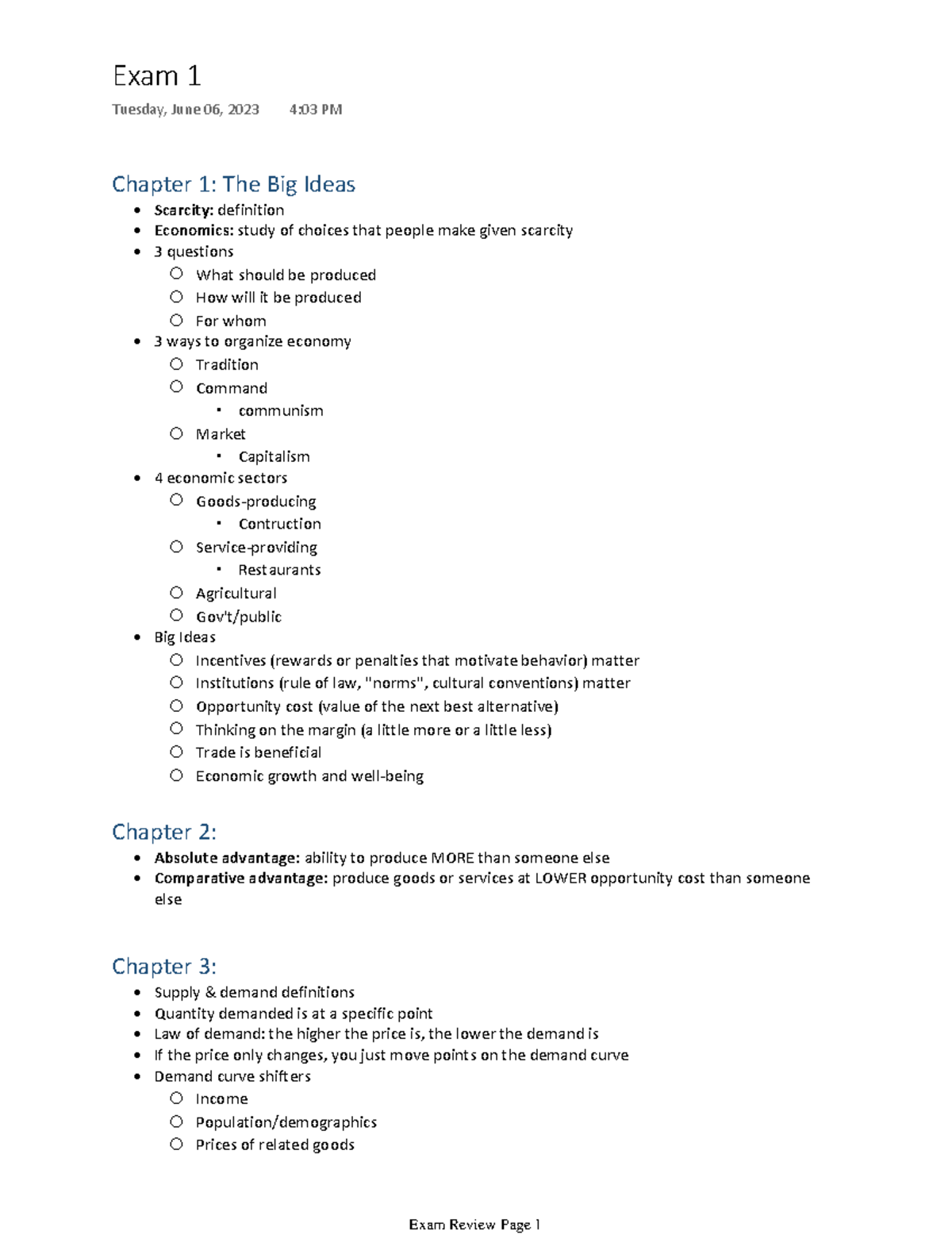 Economics 2010 Exam 1 Study Guide - Chapter 1: The Big Ideas Scarcity: definition Economics ...