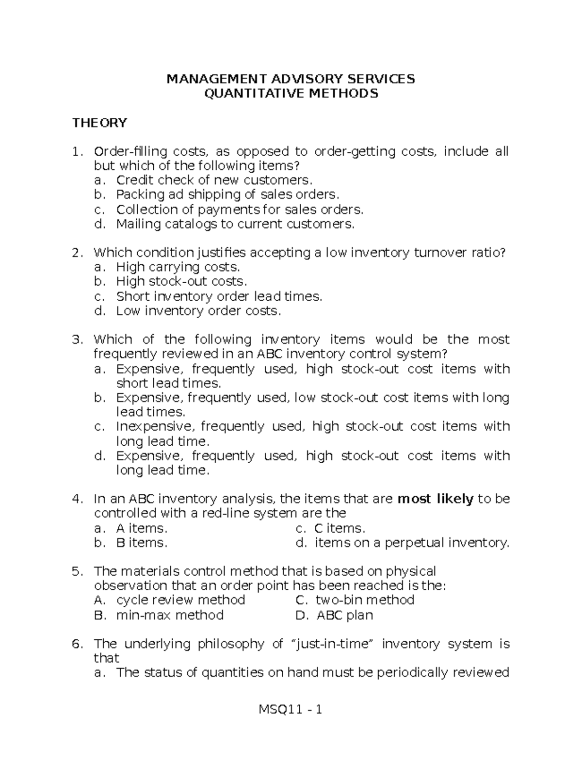 MSQ 11 Quantitative Methods - MANAGEMENT ADVISORY SERVICES QUANTITATIVE ...