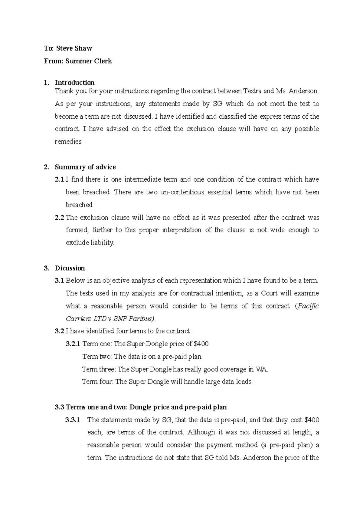 Example assignment two - To: Steve Shaw From: Summer Clerk 1 ...