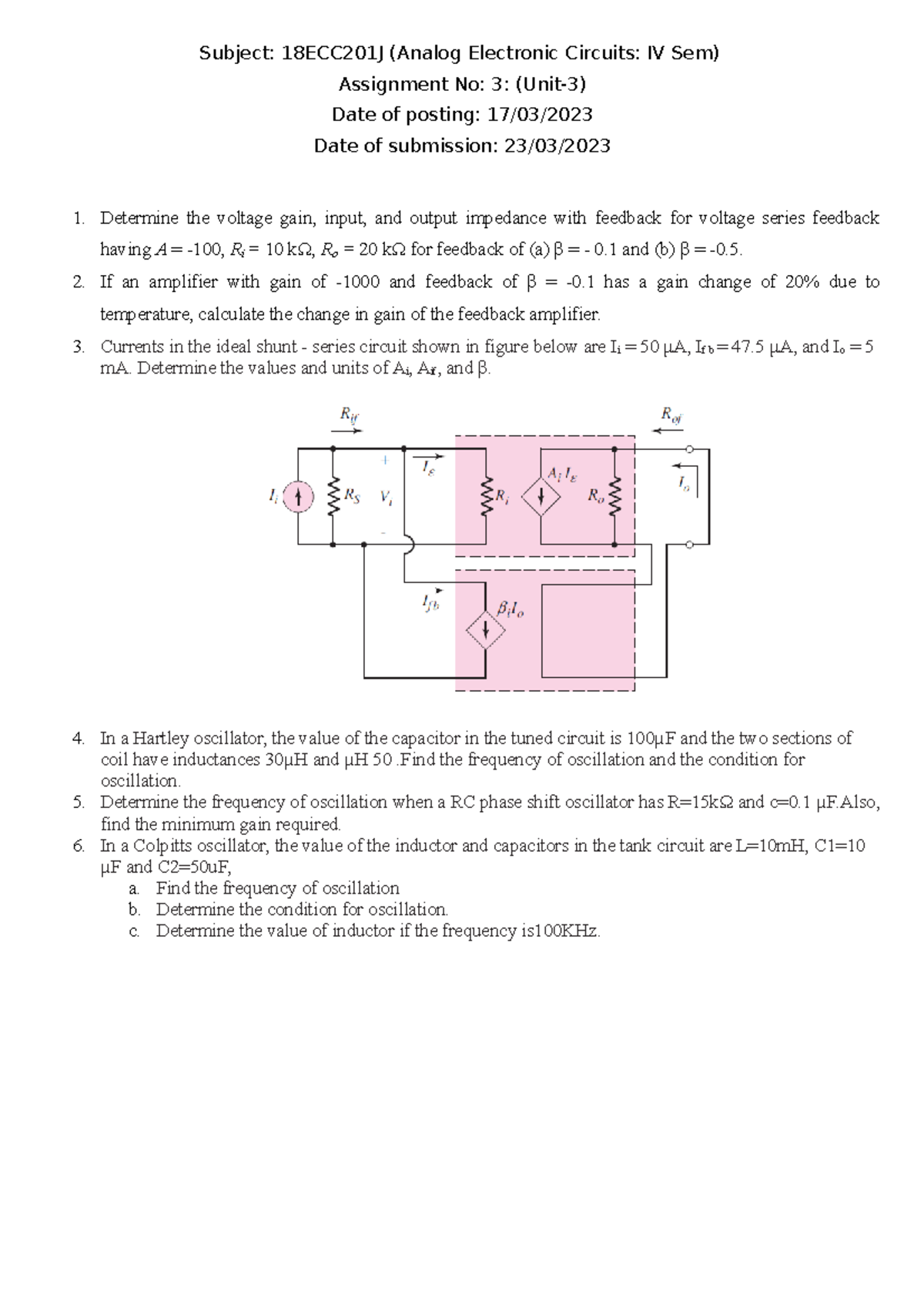 Assignment 3 - Subject: 18ECC201J (Analog Electronic Circuits: IV Sem ...
