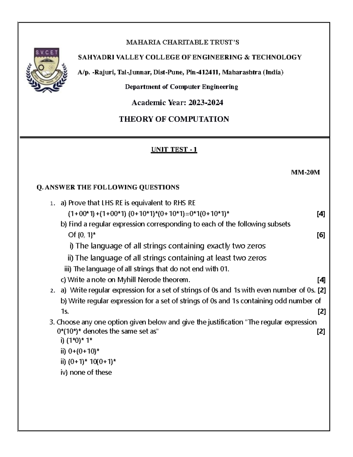 TOC UNIT TEST-1 - Toc unite test - MAHARIA CHARITABLE TRUST’S SAHYADRI ...