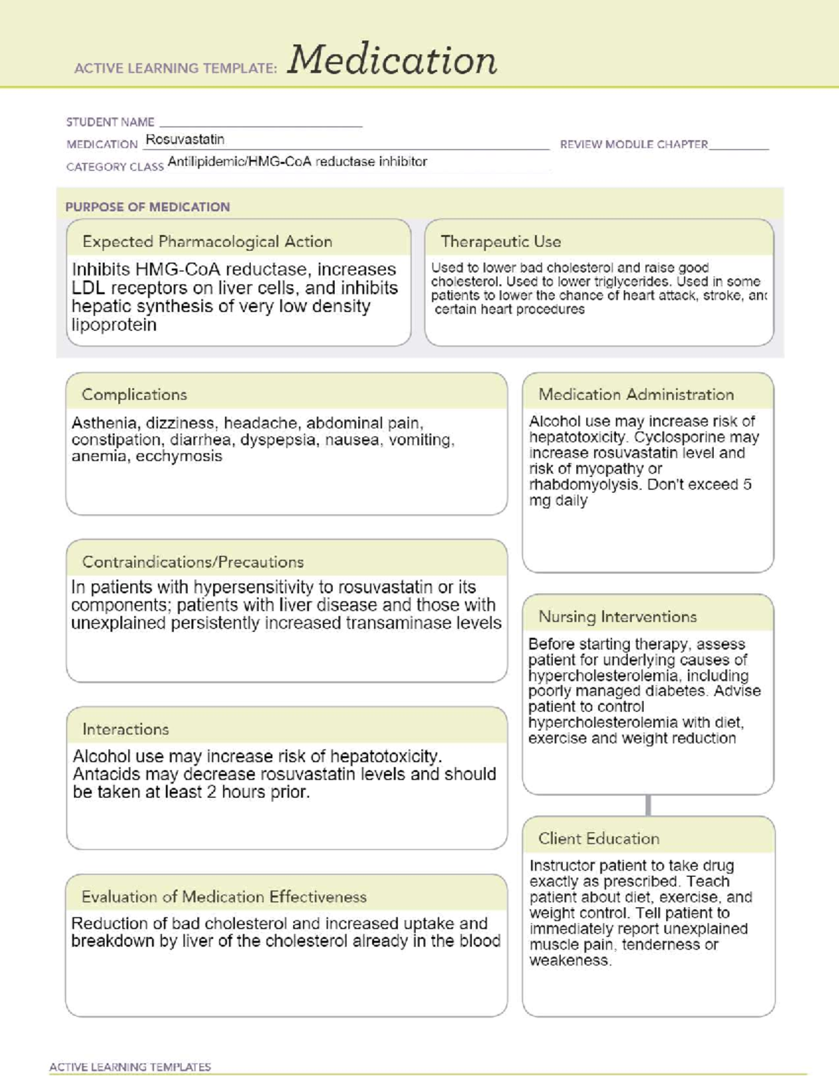 Simvastatin Pharmacology Worksheet - NURSE 154 - OC - Studocu